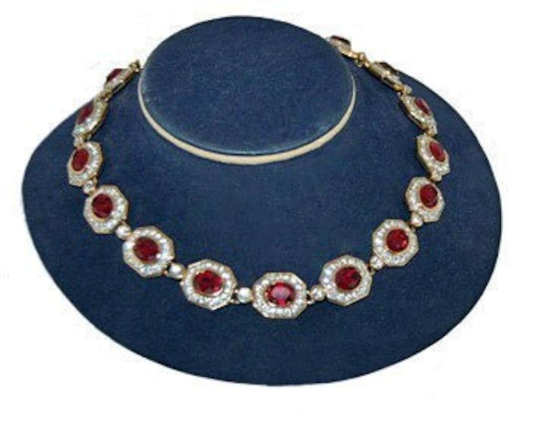1980s Vintage Attwood and Sawyer Statement Ruby Crystal Gold Collar ...