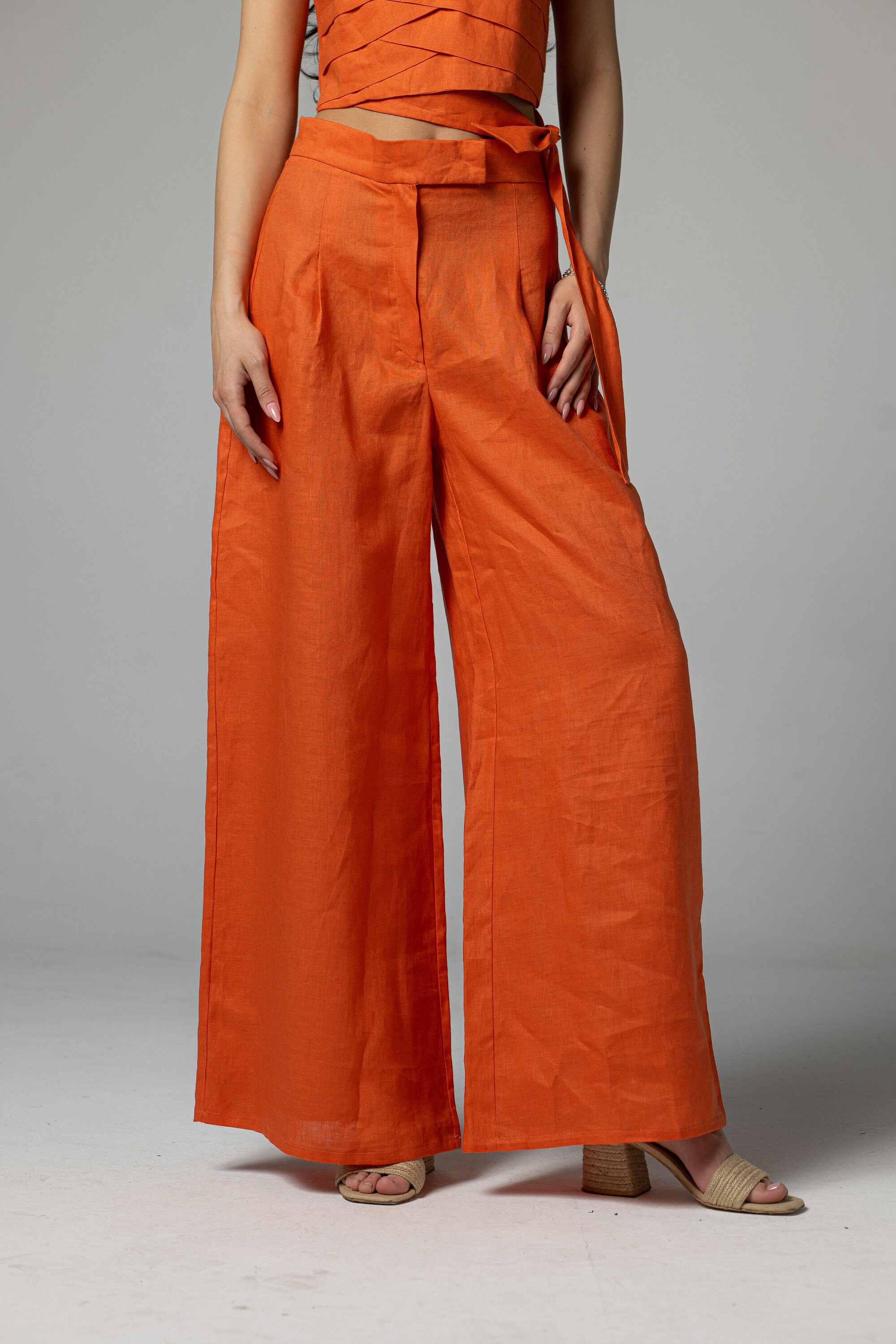 Orange Linen Wide Led Pants, Flared Palazzo Trousers, Lightweight ...