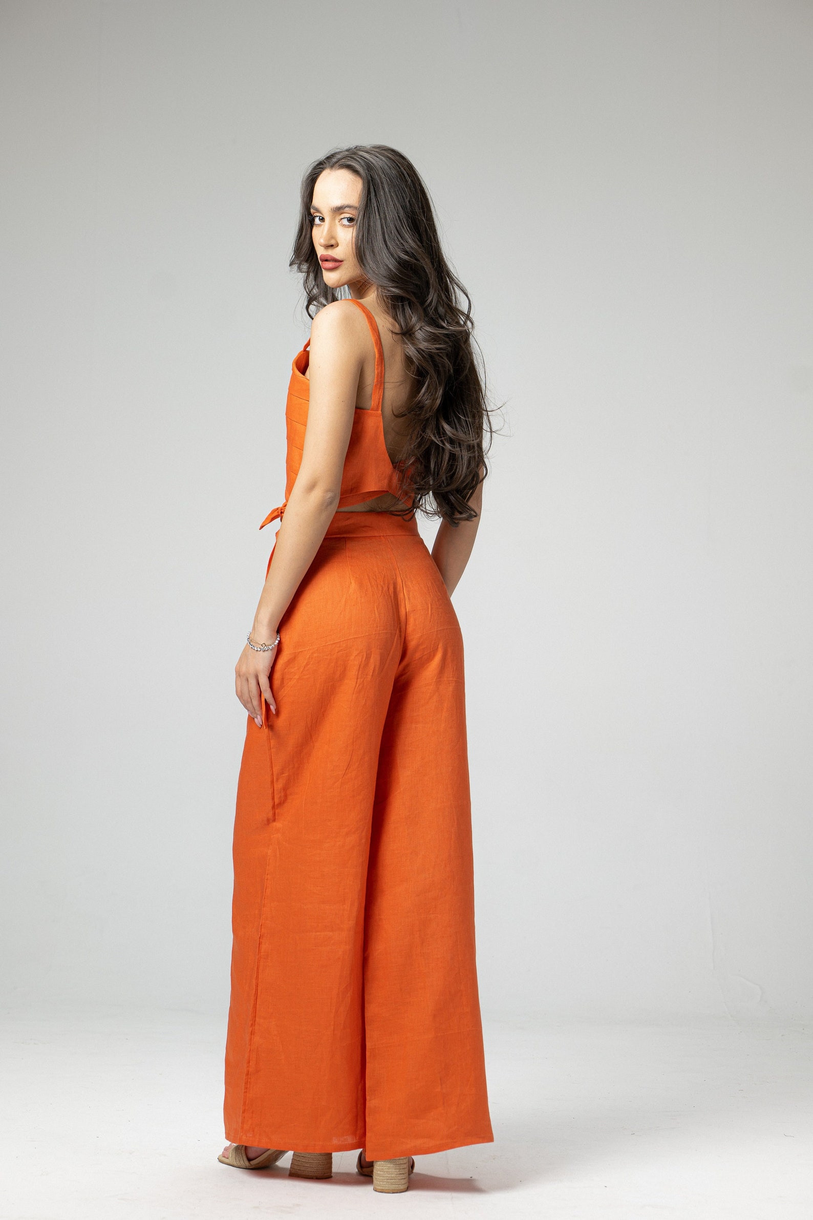 Orange Linen Wide Led Pants, Flared Palazzo Trousers, Lightweight ...