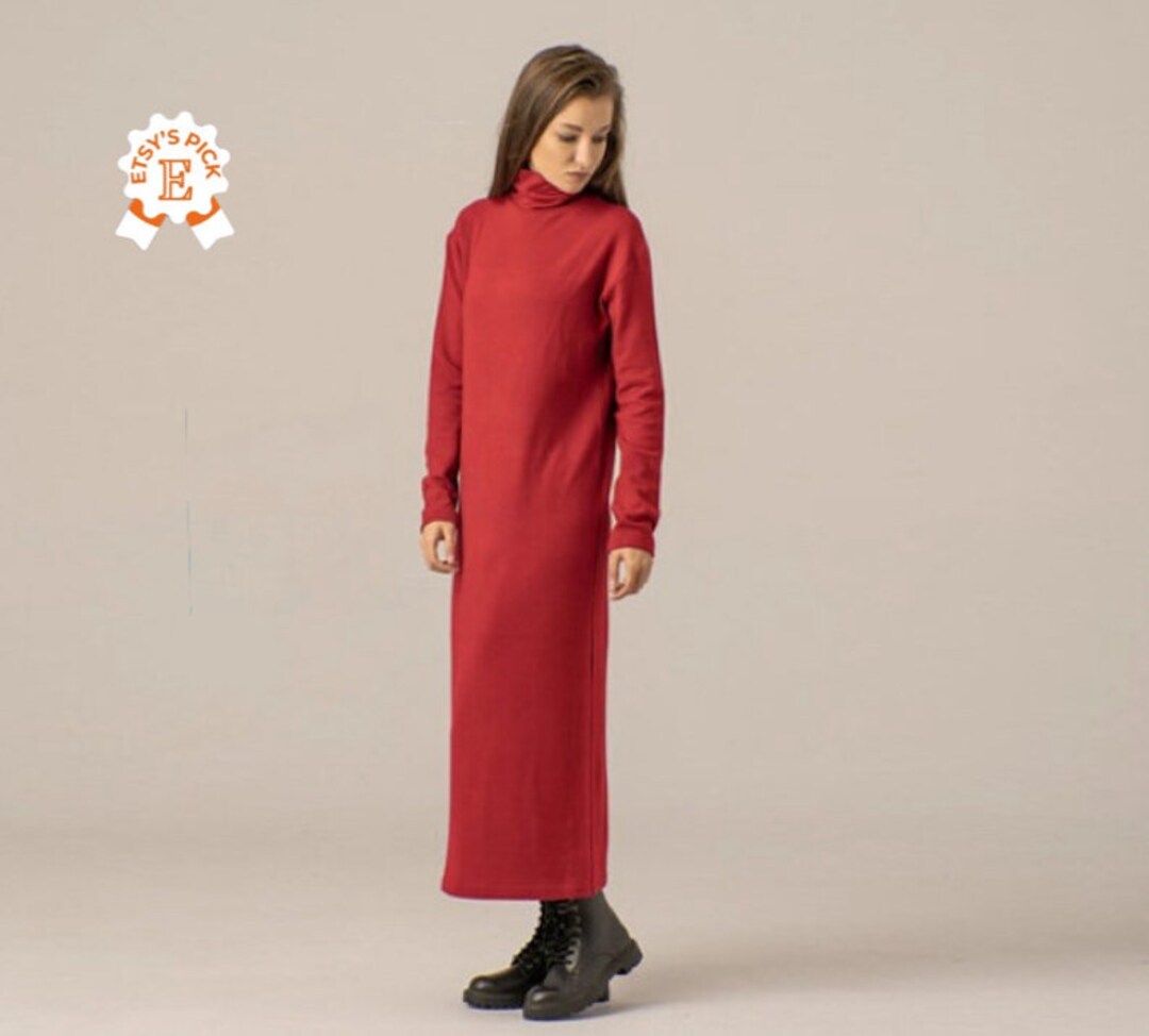 Wool A-line Dress, Turtleneck Long Dress, Red Maxi Dress, Loose Fitting ...