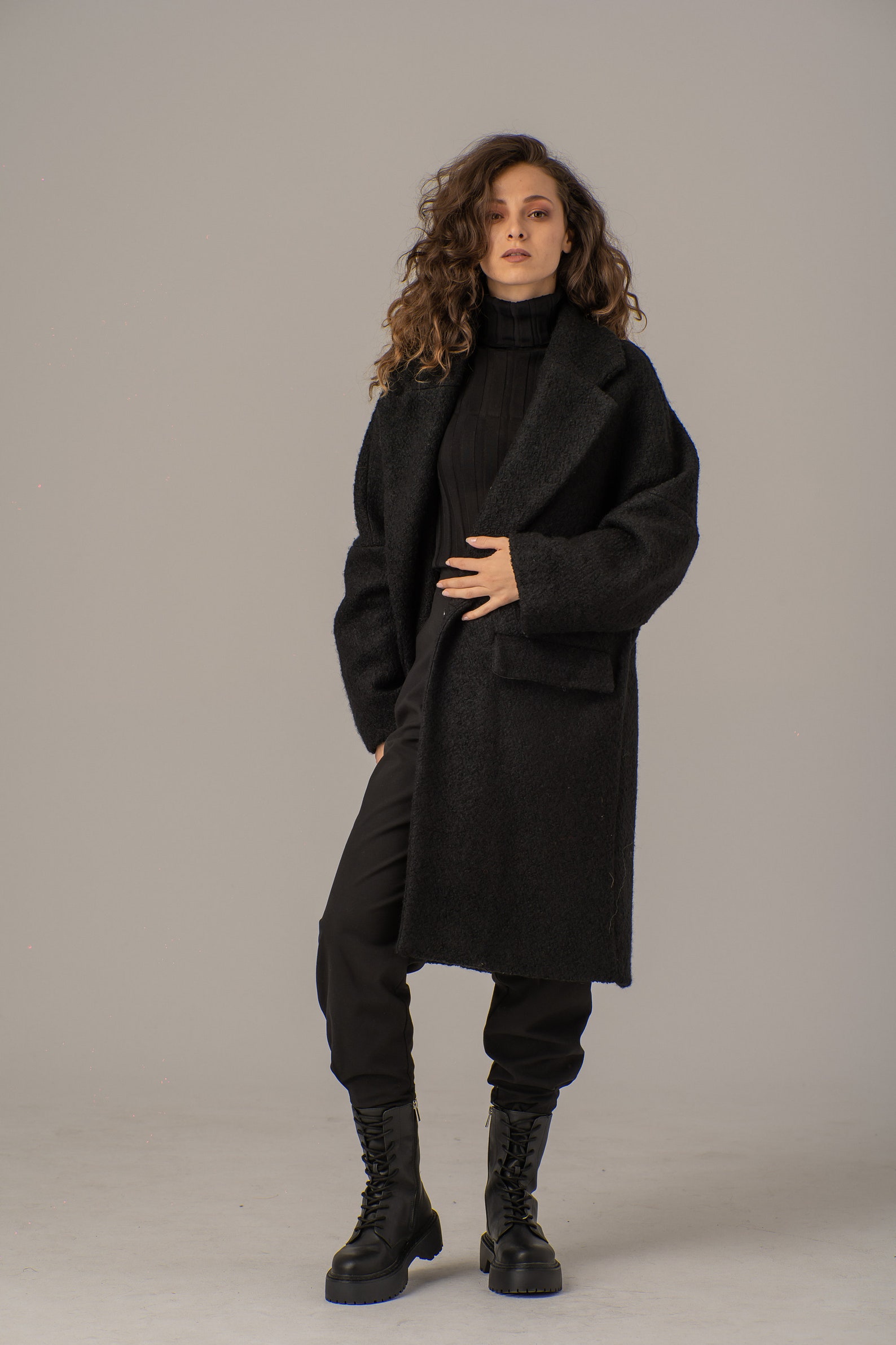 Wool Boucle Cocoon Coat Black Oversized Coat Black Bulky - Etsy