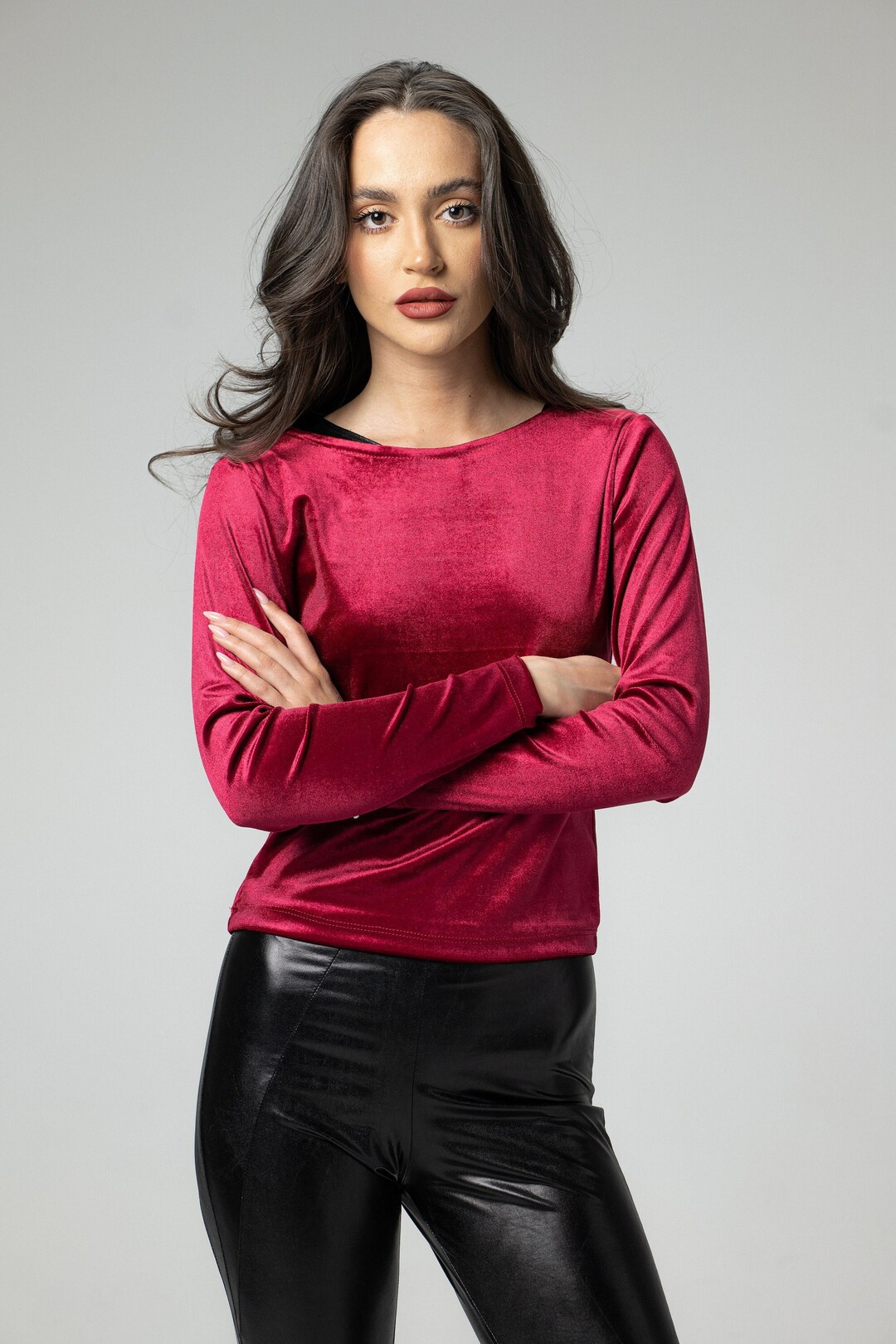 Sour Cherry Red Velvet Crop Top, Simple Textured & Soft Blouse, Basics ...