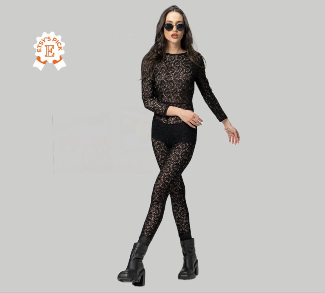 See-through Black Lace Maxi Bodysuit, Full Length Body-fitted Catsuit ...