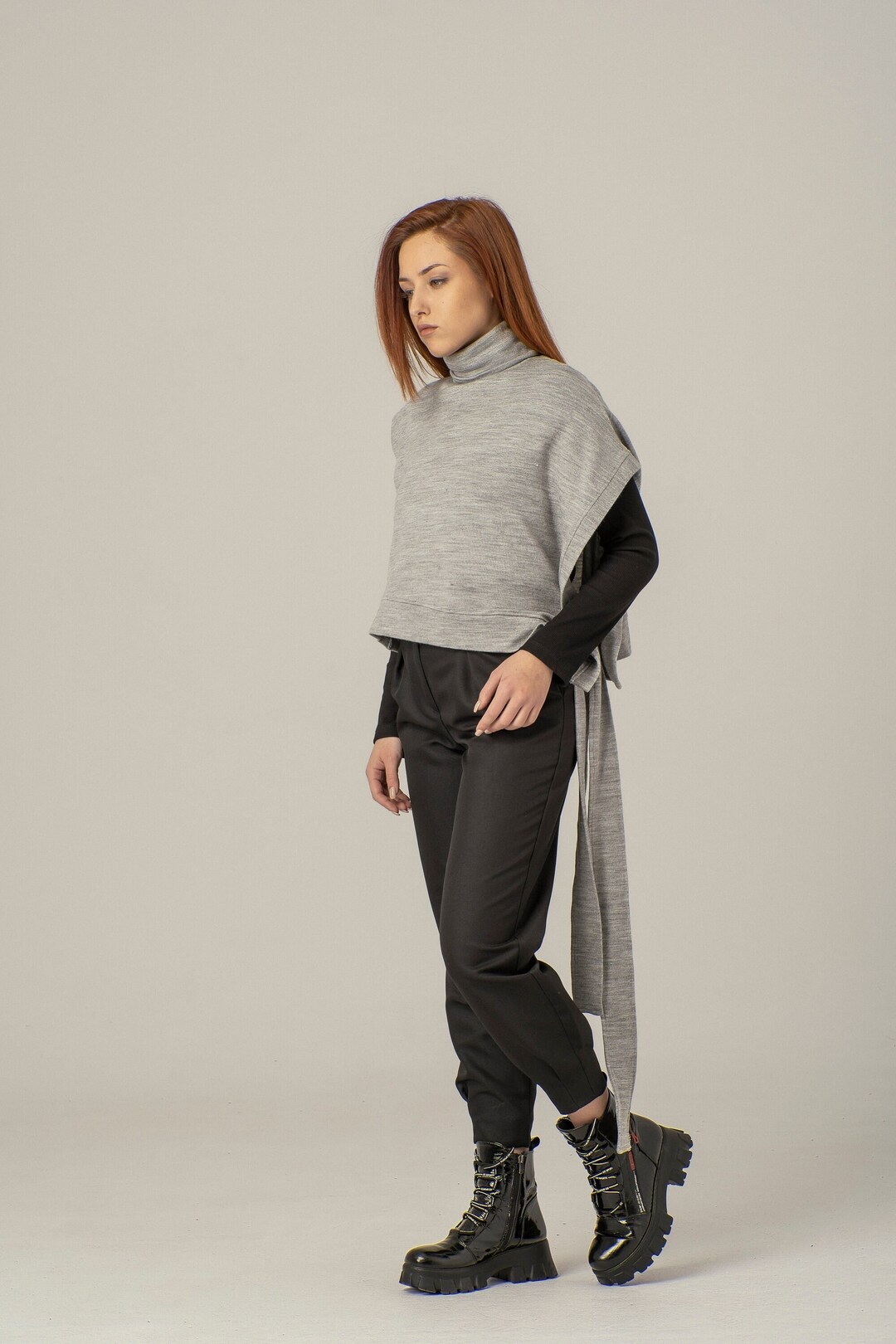 Asymmetric Wool Vest, Winter Turtleneck Vest, Woolen Sleeveless ...