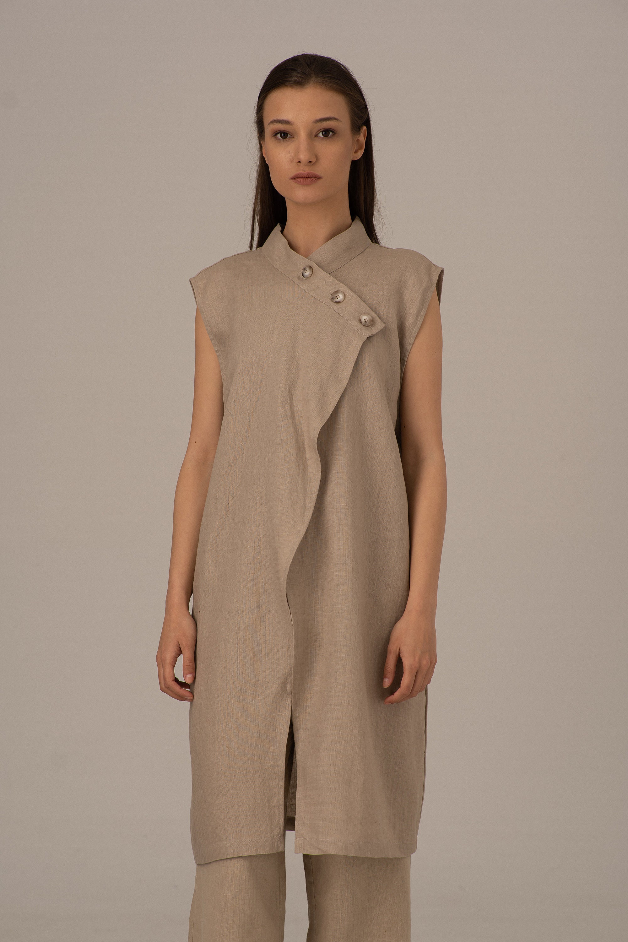Natural Linen Tunic Vest With Asymmetric Buttons, Semi-high Collar ...