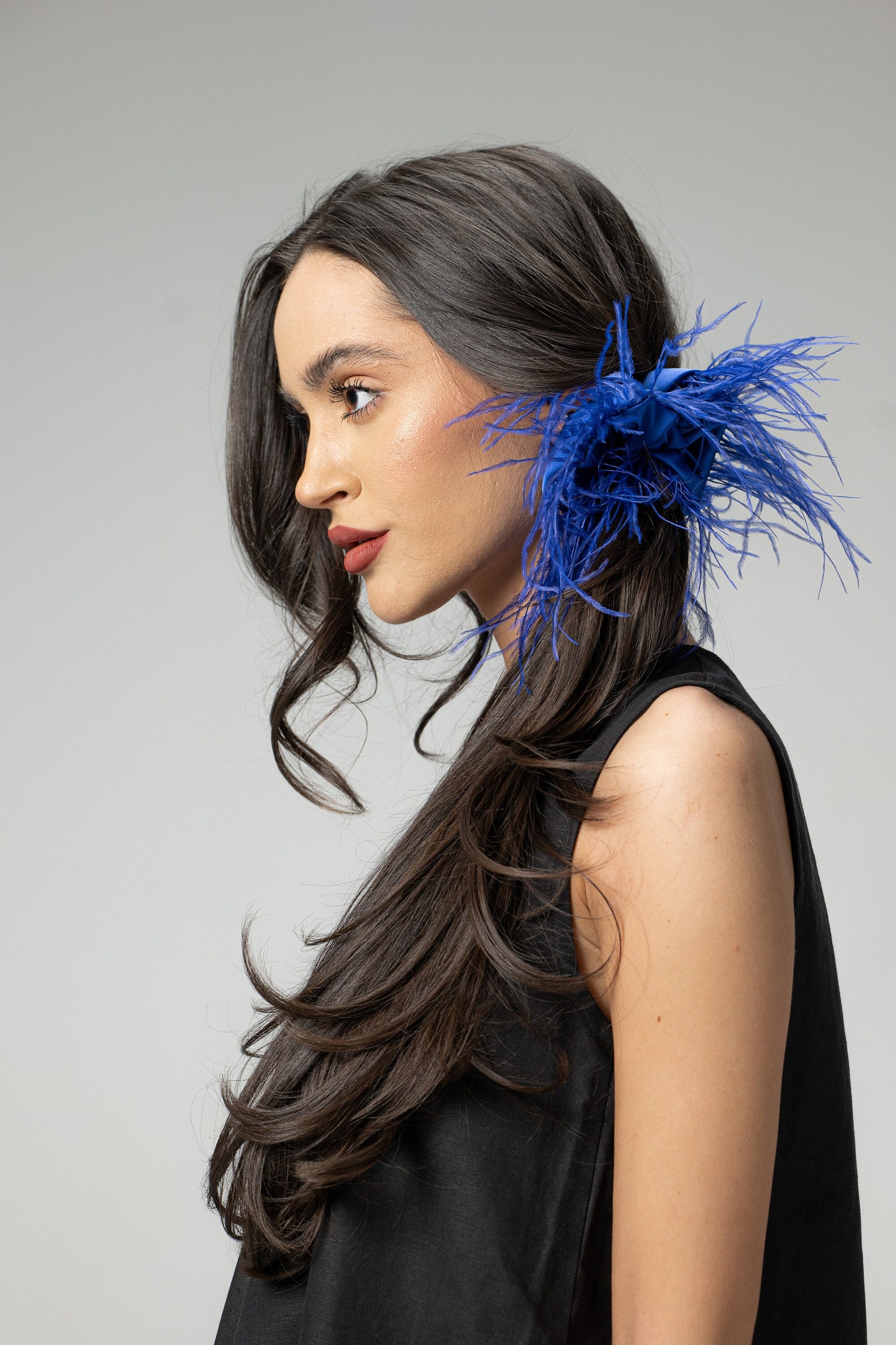 Bold Blue Satin Scrunchie With Feathers, Elegant Bridesmaid Hair ...