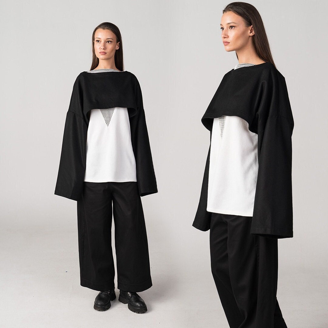 Wide Wool Cropped Top, Winter Super Long Sleeves Arm Shrug, Dropped ...