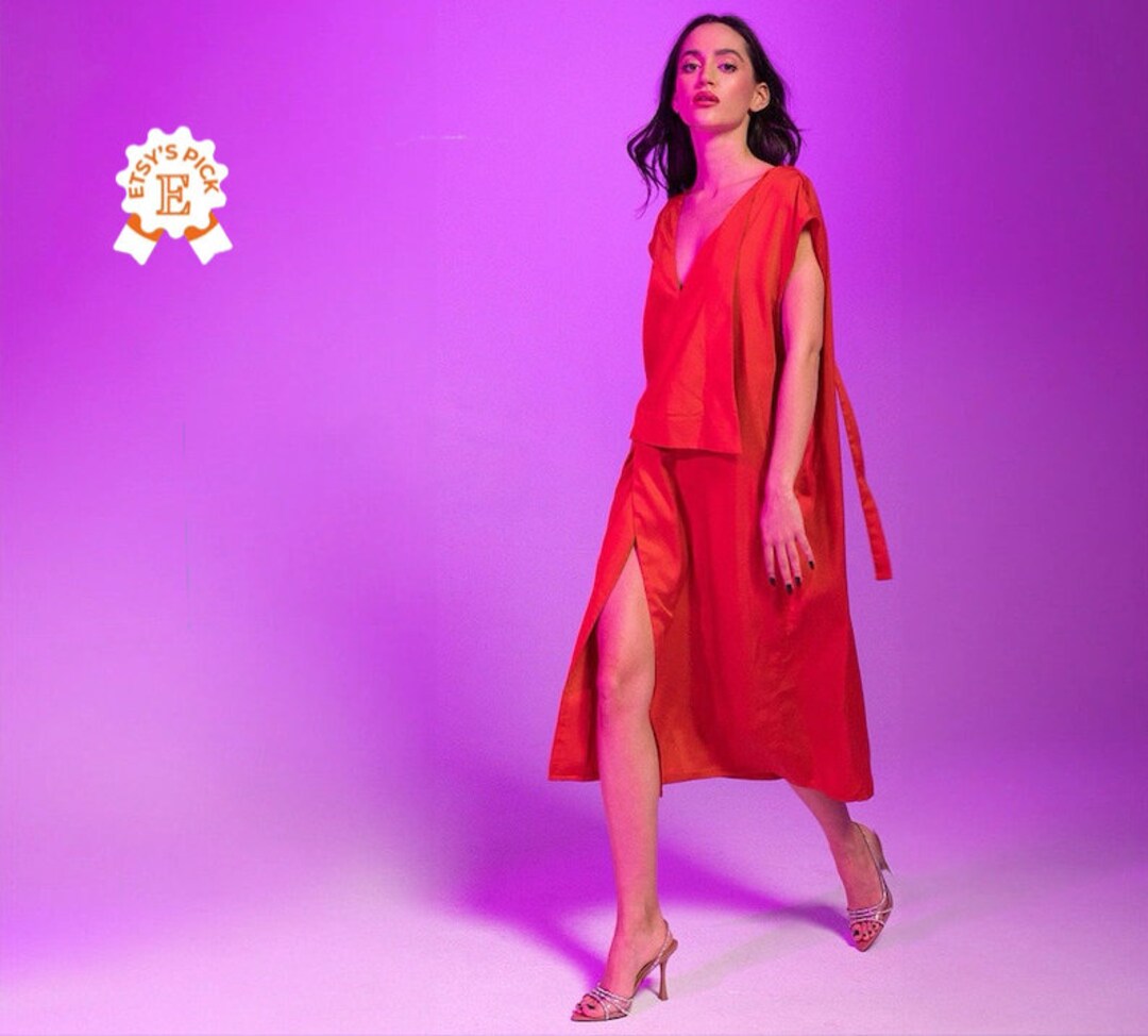 V-neckline Midi Straight Dress, Flowy Evening Tunic Dress, New Year ...