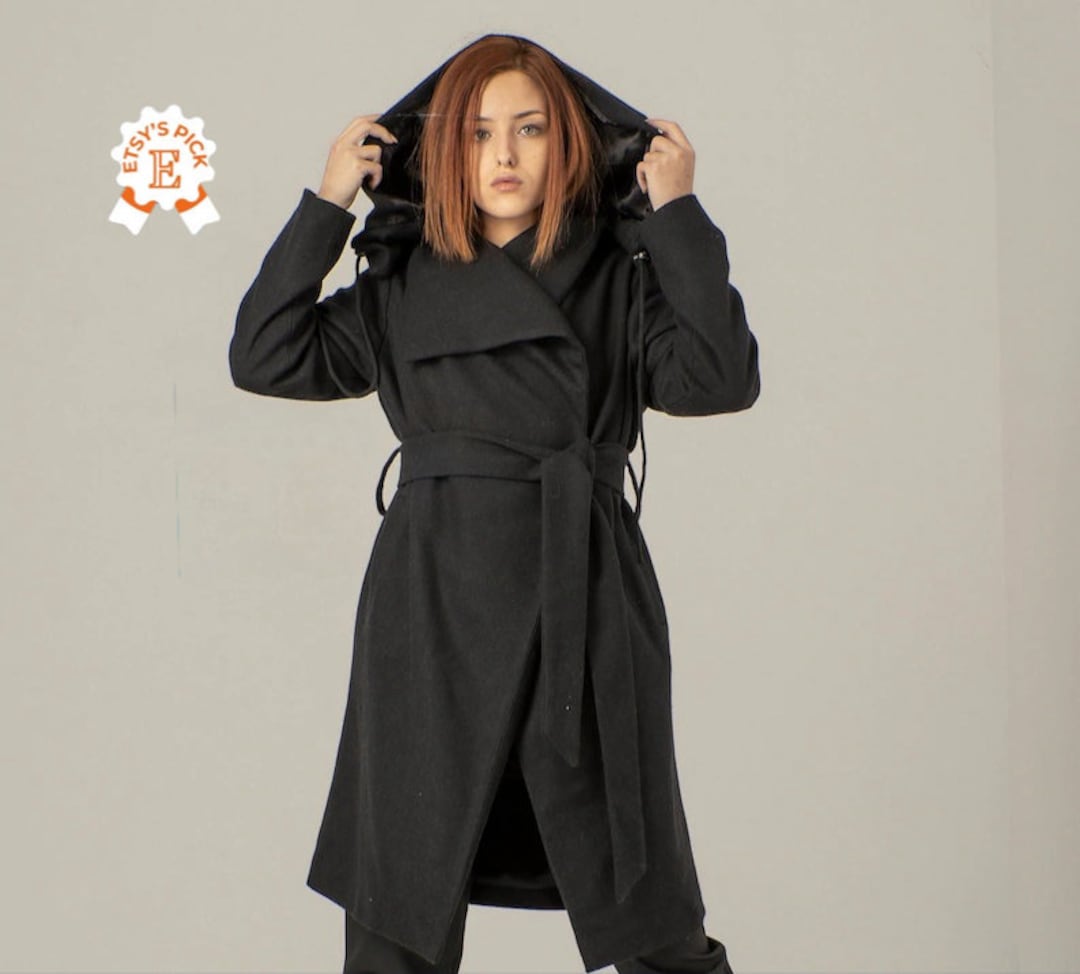 Big Hood Pixie Coat, Woolen Trench Coat, Plus Size Hooded Coat, Belted ...