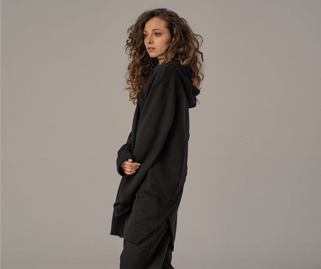 Minimalist Big Hood Hoodie, Long Black Hoodie Sweatshirt, Oversized ...