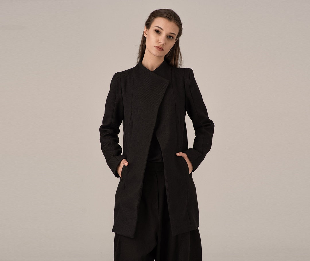 Asymmetric Wool Coat, Black Winter Stand Collar Coat, Midi Victorian ...