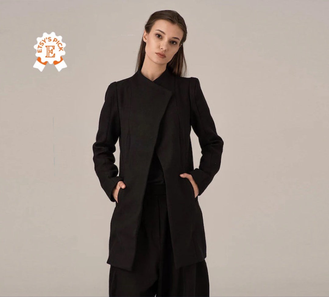 Asymmetric Wool Coat, Black Winter Stand Collar Coat, Midi Victorian ...