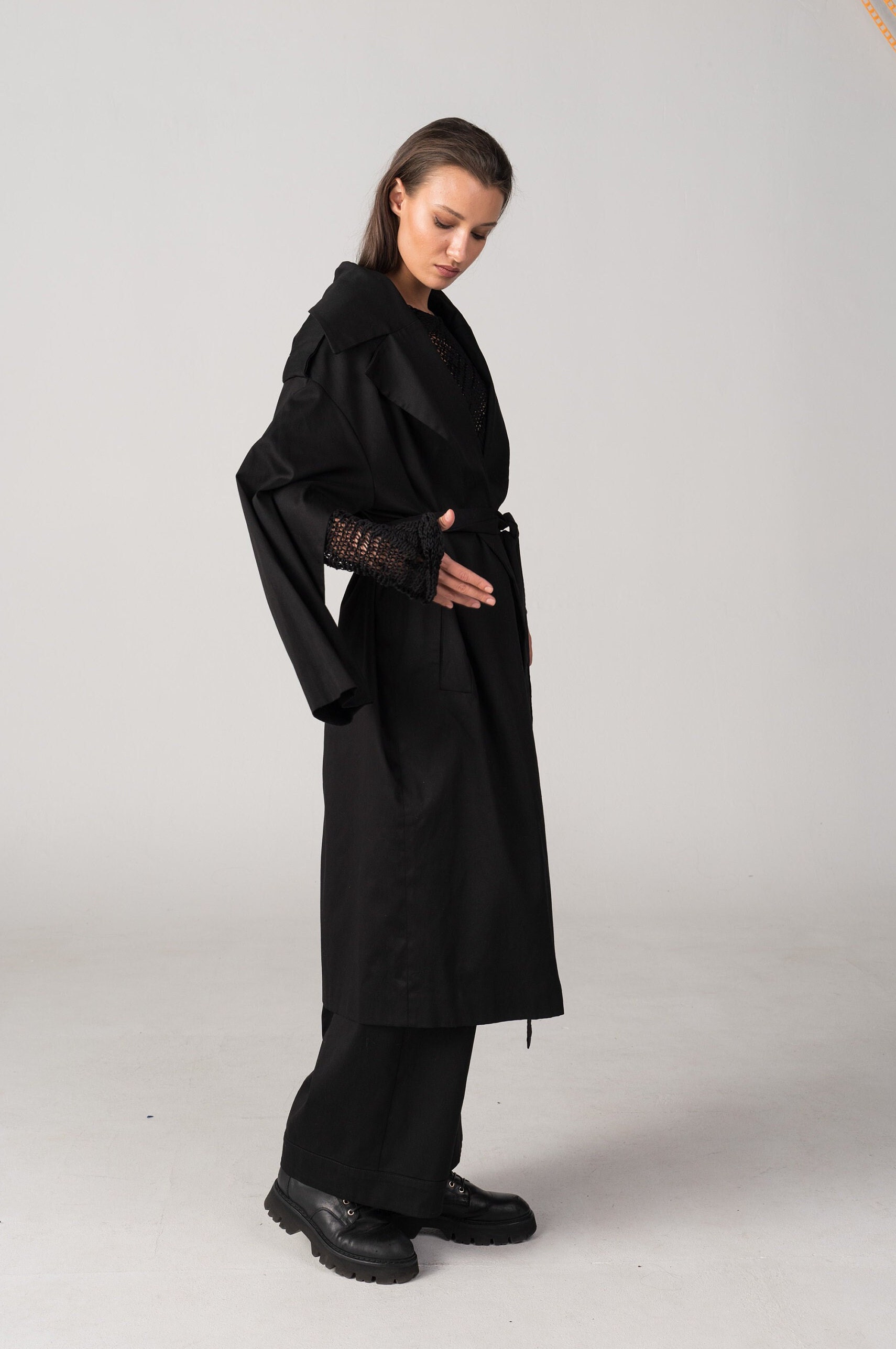 Japanese Cut-outs Trench Coat, Unique Cotton Overcoat, Maxi Belted ...