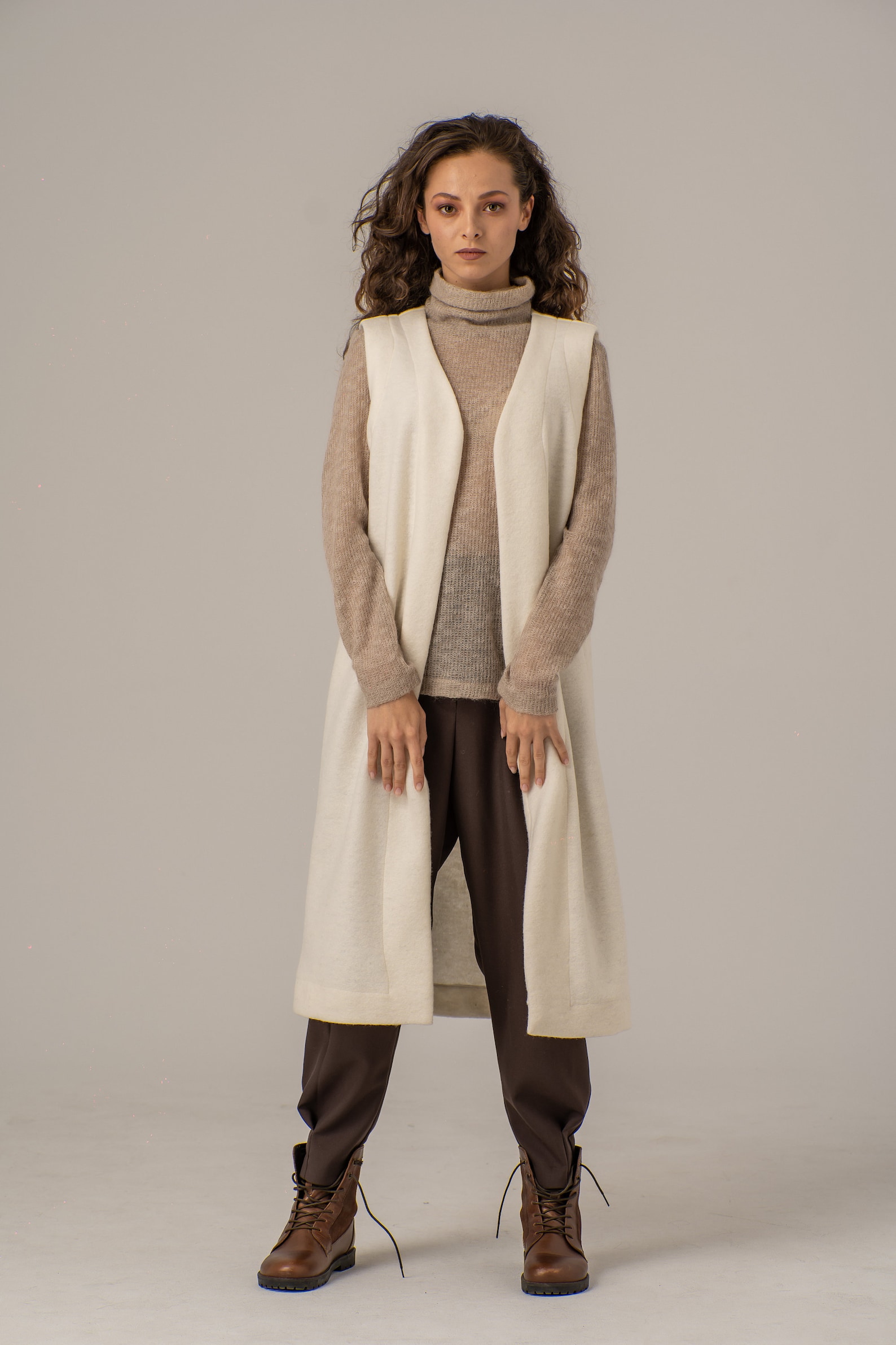 Boiled Wool Winter Vest, Long Ivory Cardigan Vest, Sleeveless Sweater ...