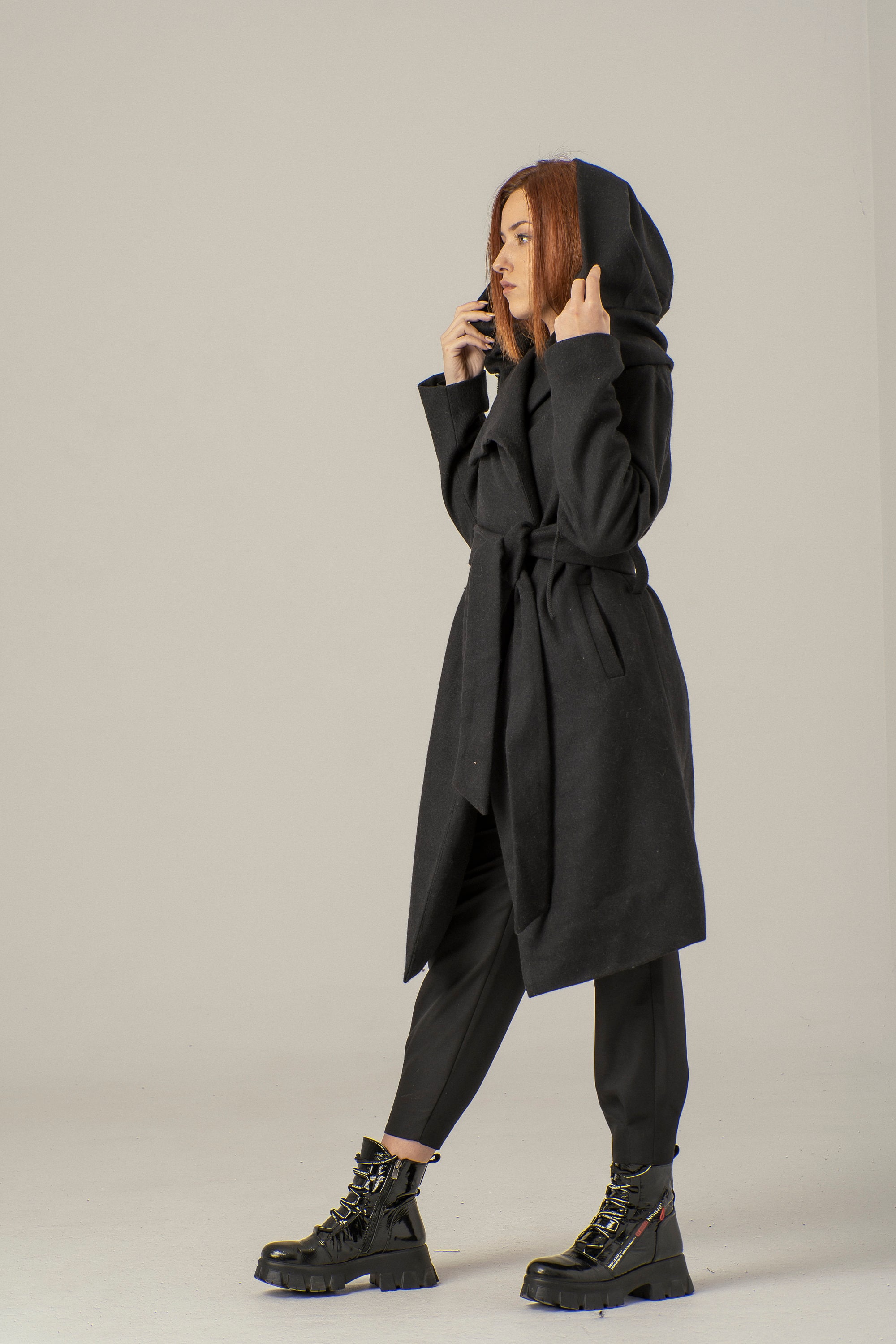 Big Hood Pixie Coat, Woolen Trench Coat, Plus Size Hooded Coat, Belted ...