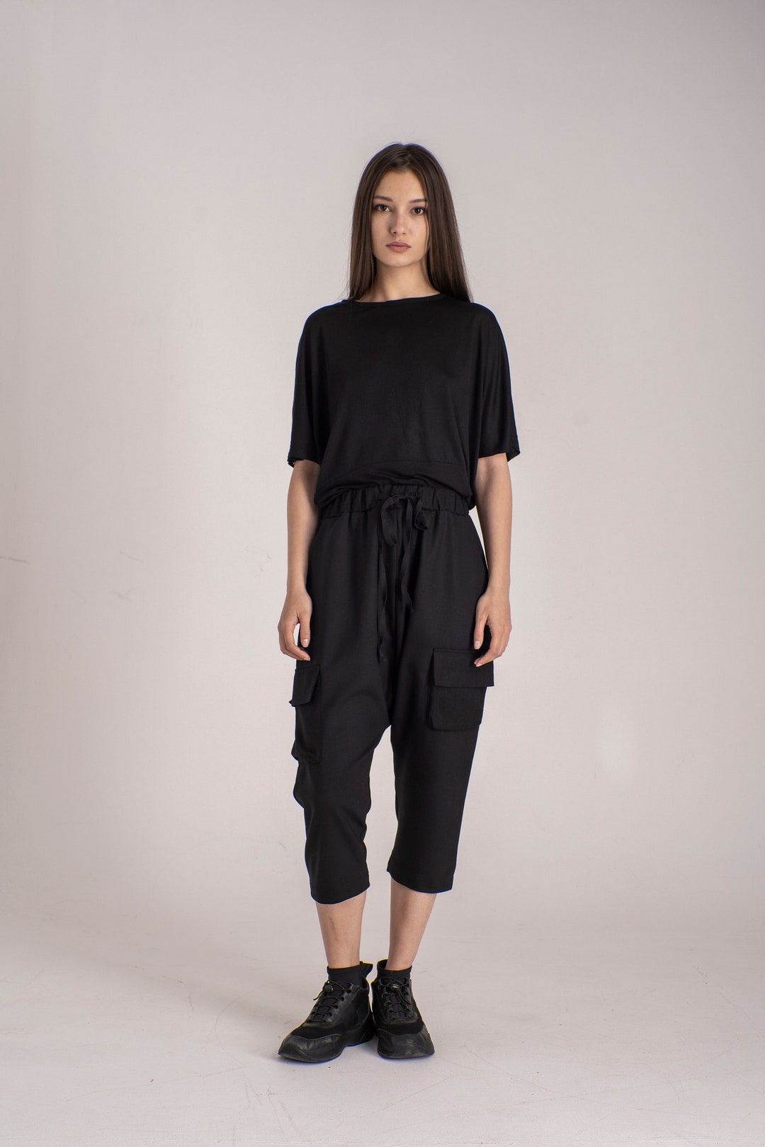 Minimalist Mid-calf Pants, Baggy Boyfriend Pants, Elastic Waist Pants ...