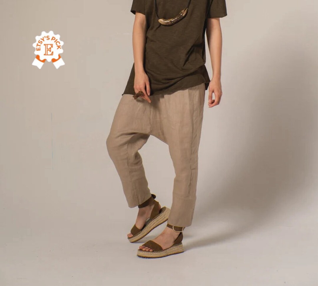 Summer Linen Drop Crotch Pants, Lightweight Relaxed Trousers, Casual ...
