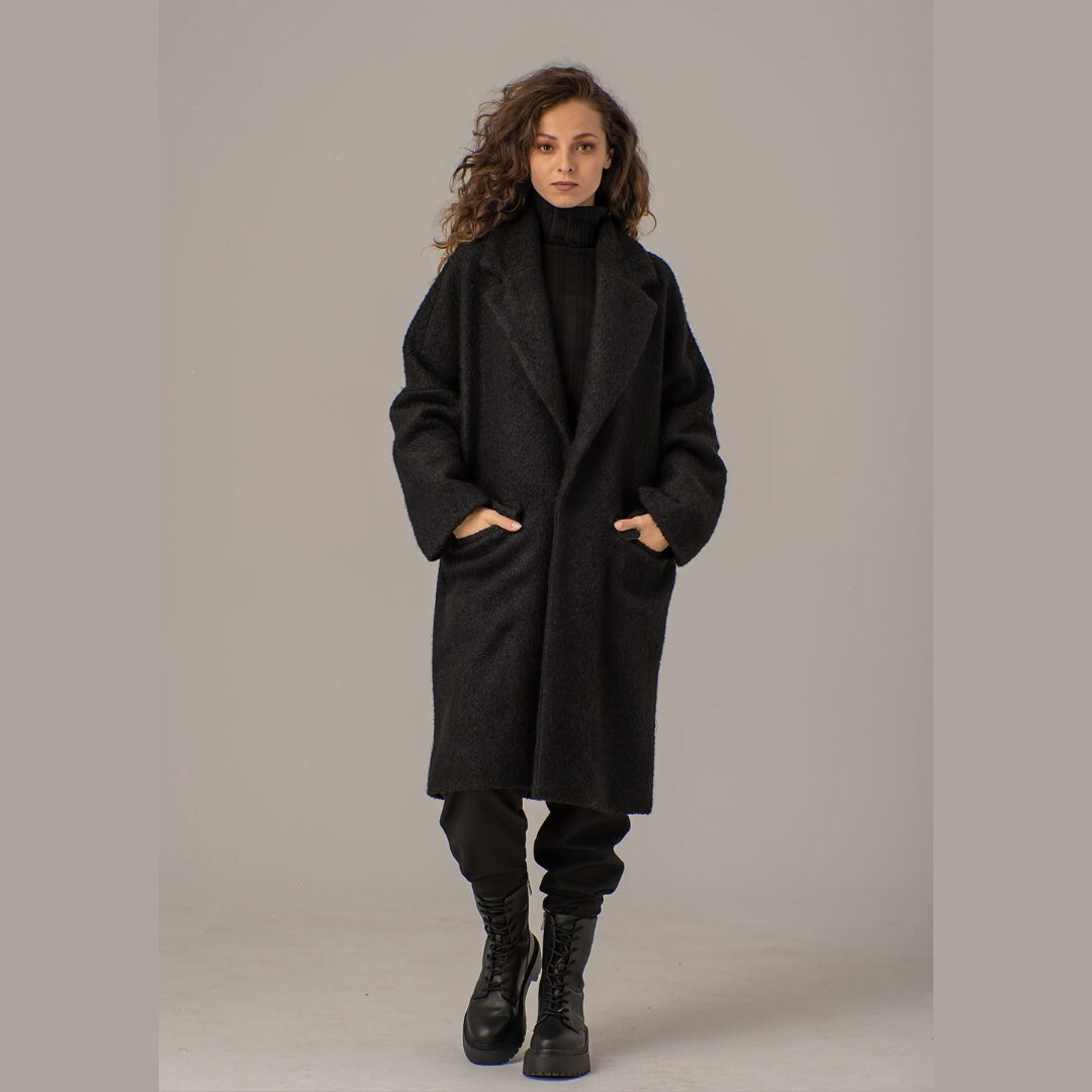 Wool Boucle Cocoon Coat, Black Oversized Coat, Black Bulky Wrap Coat ...