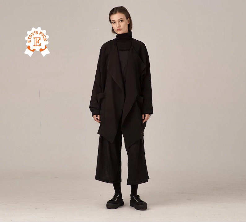 Japanese Minimalist Fashion Jacket, Cotton Kimono Coat, Modern Black ...