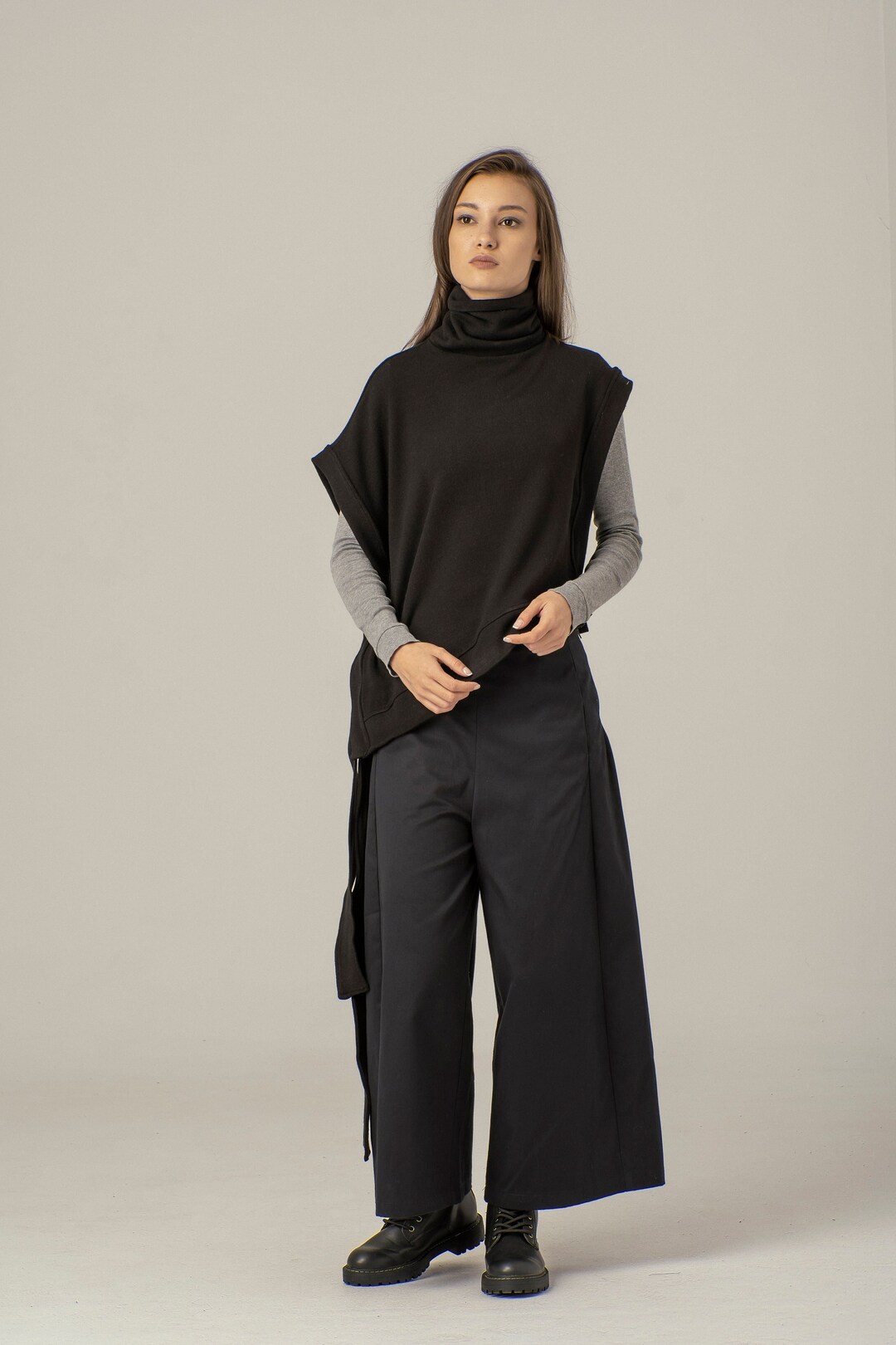 Japanese Style Woolen Vest, Turtleneck Knitted Crop Sweater, Asymmetric ...