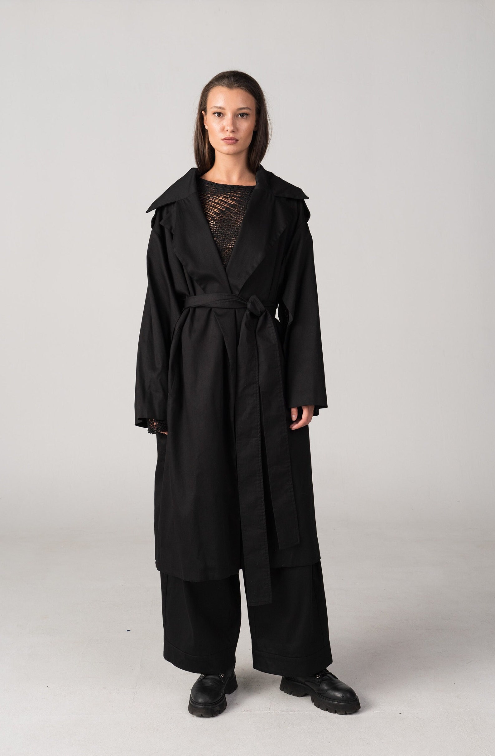 Japanese Cut-outs Trench Coat, Unique Cotton Overcoat, Maxi Belted ...