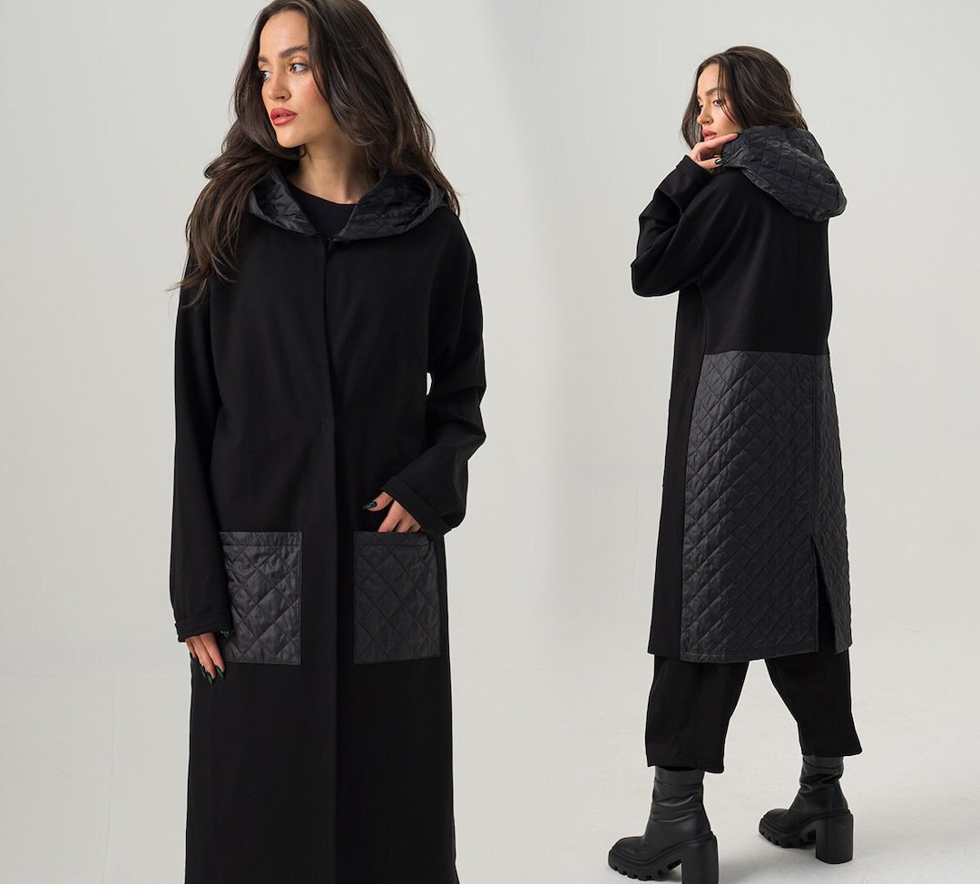 Maxi Black Jacket Coat With Quilted Hood, Pockets & Splits Back, Gothic ...