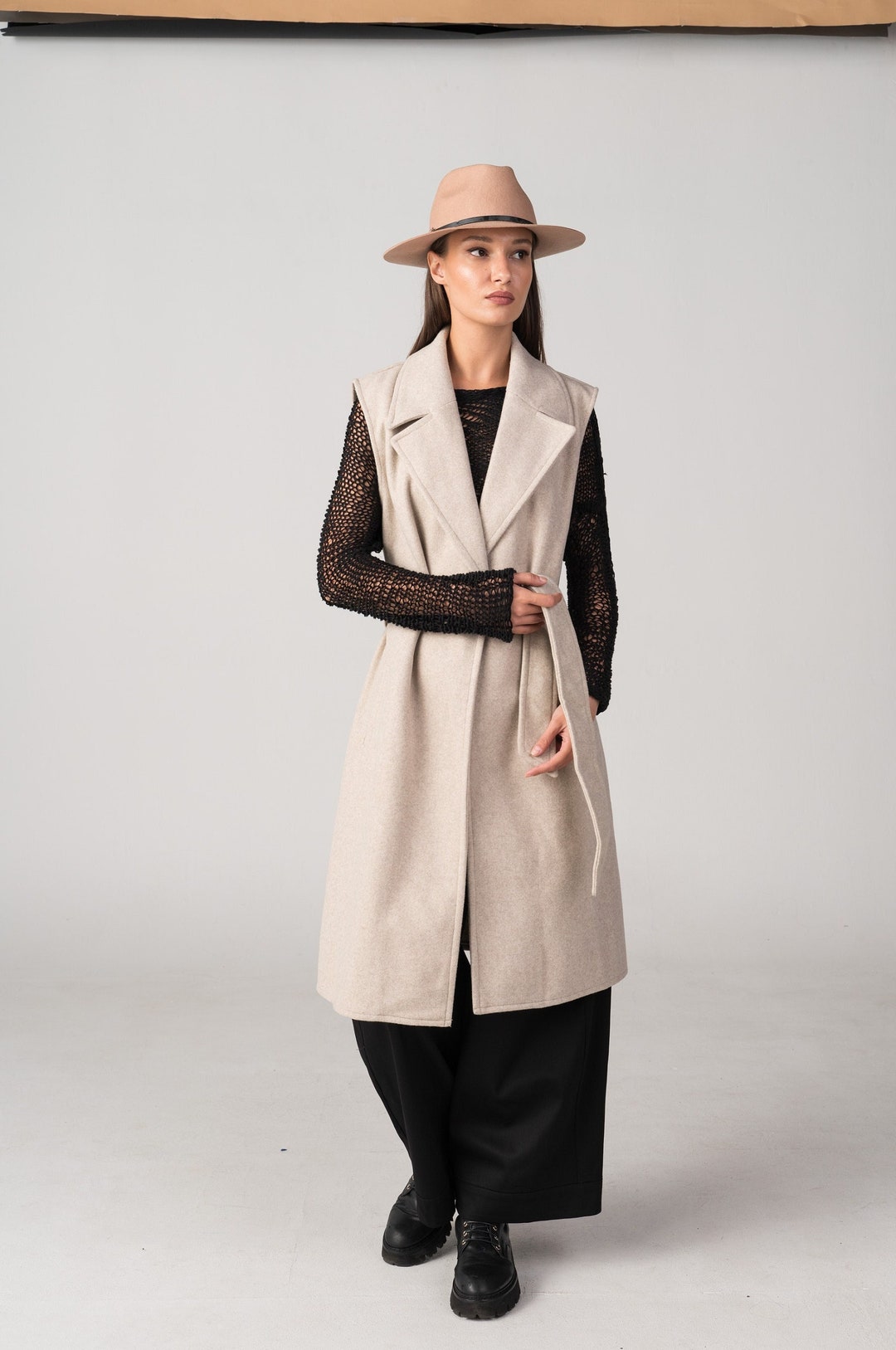 Notched Collar Big Lapel Vest Dress, Woolen Ivory Winter Cardigan ...