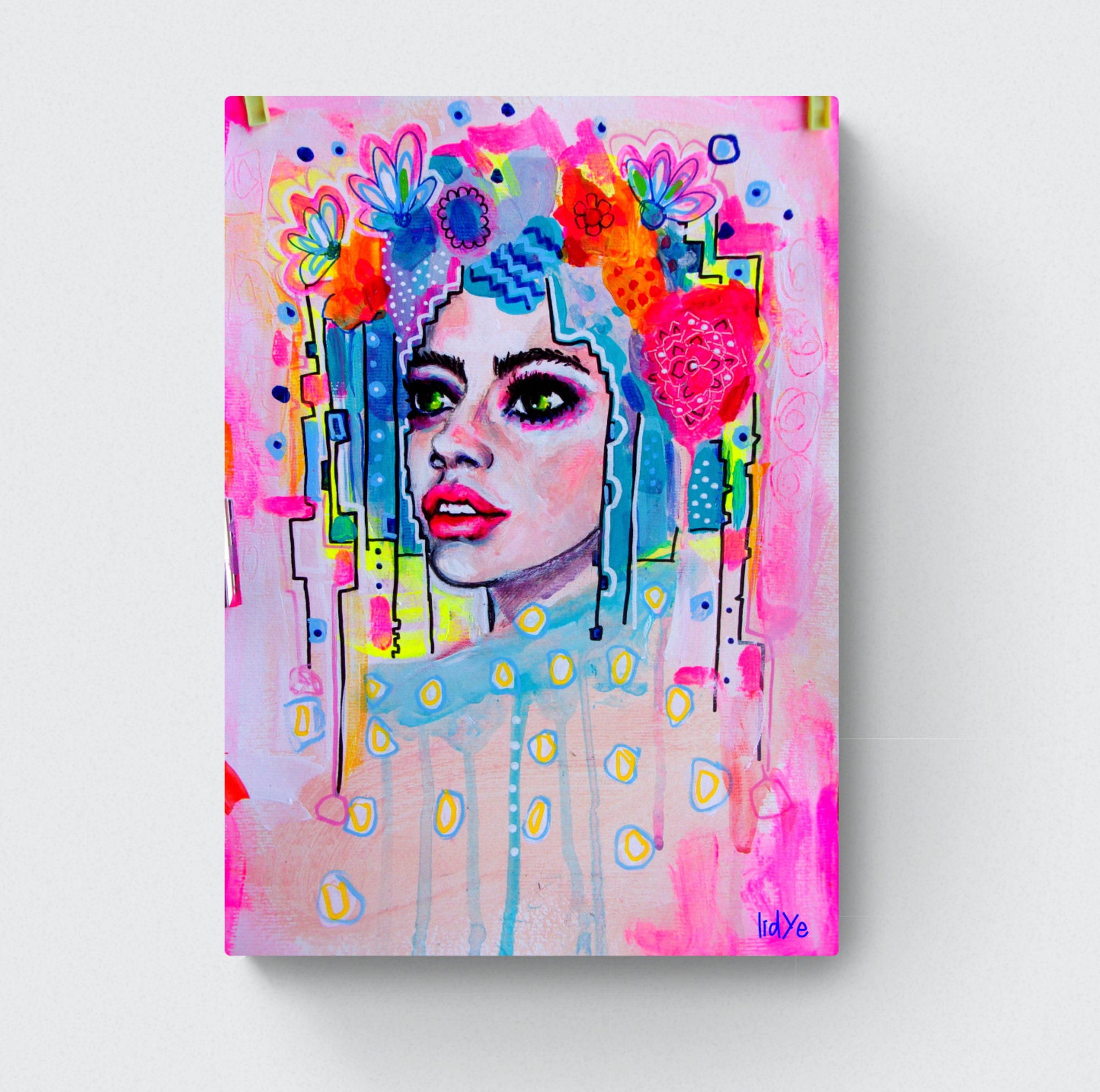 Woman Portrait Original Painting, Pink and Blue Patterns,painting Paper ...