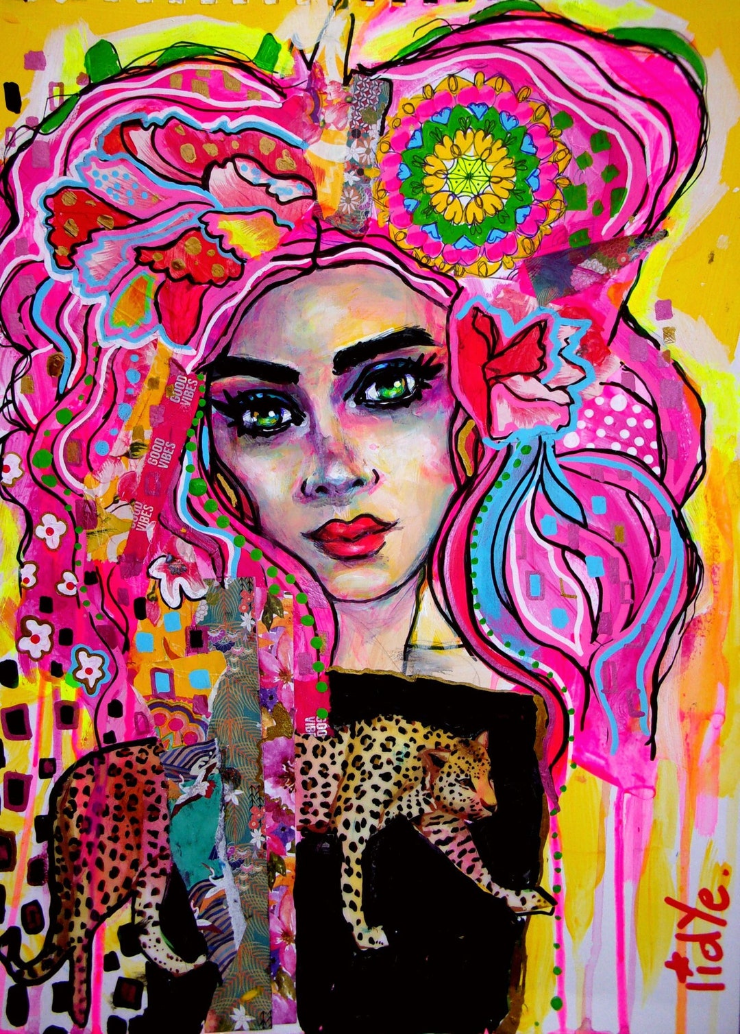 Pink Lady Original Painting on Paper woman Portrait A3 Acrylic Mixed ...