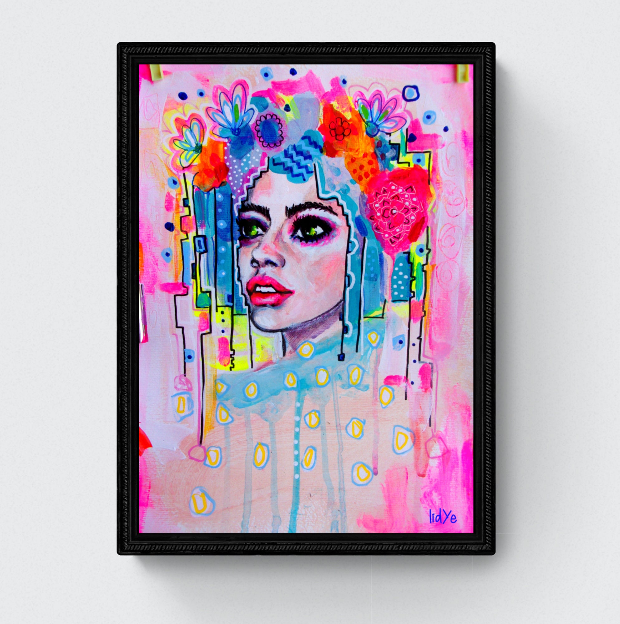 Woman Portrait Original Painting, Pink and Blue Patterns,painting Paper ...