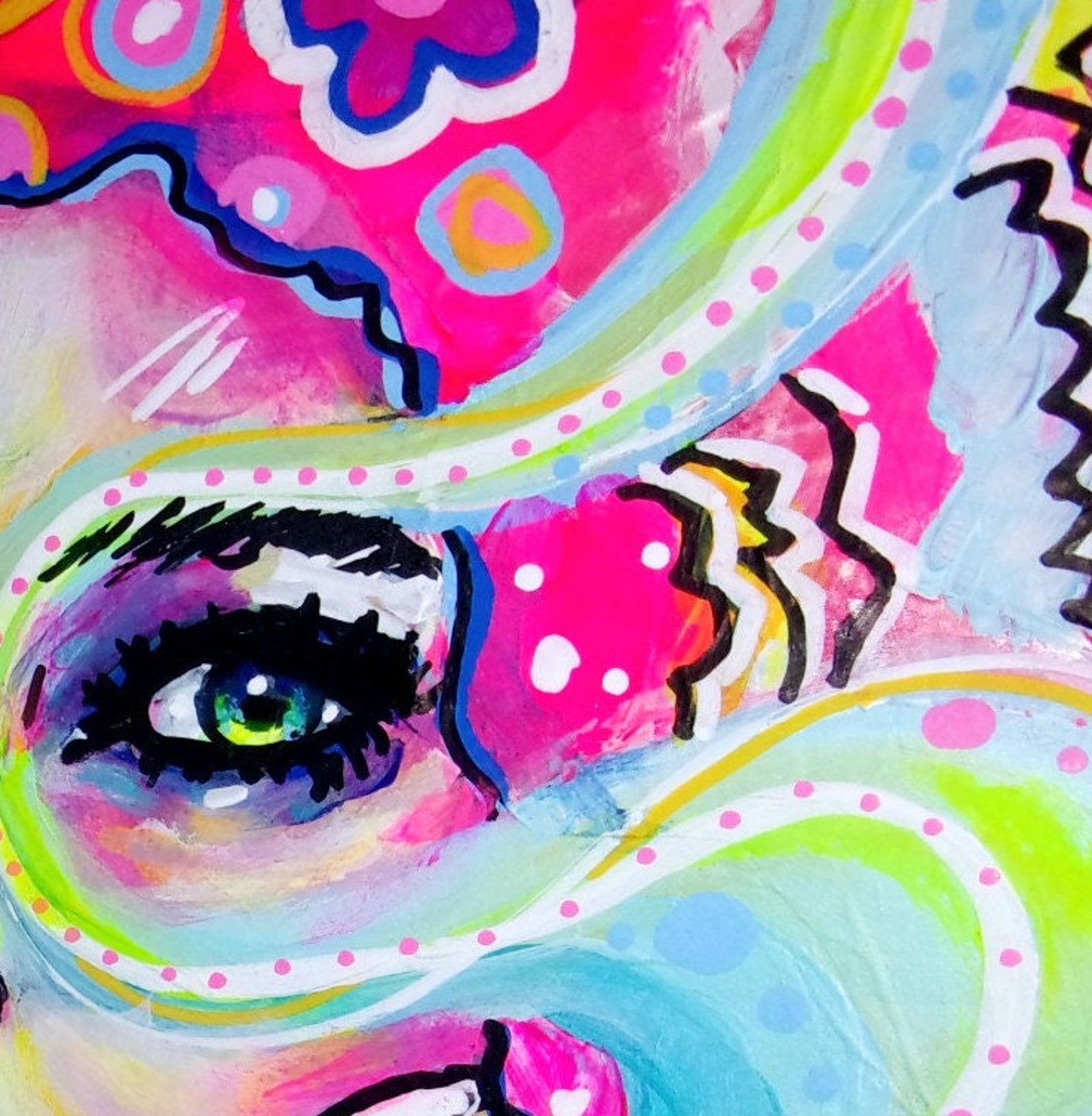 Pop Psychedelic Portrait,original Painting on Paper,neon Pink, Bright ...