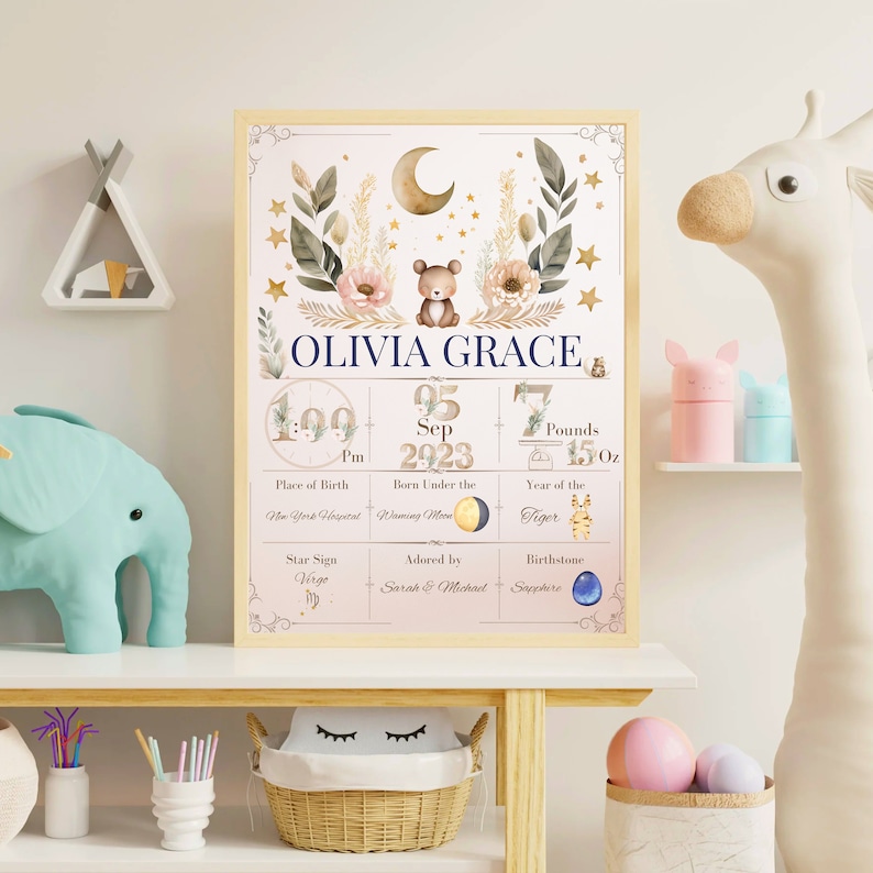 Personalized Newborn Baby Girl Poster - Custom Name & Birth Details ...