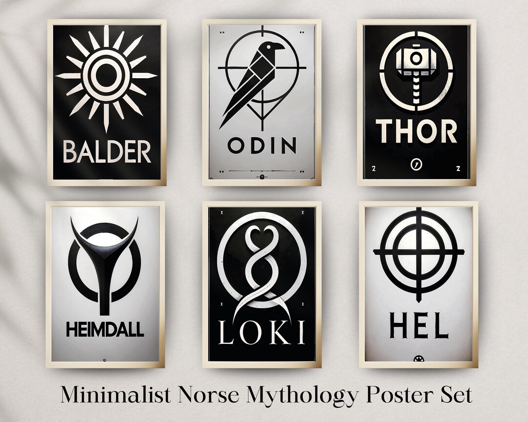 Minimalist Norse Mythology Wall Art Set Loki, Thor, Odin, Hel, Heimdall ...