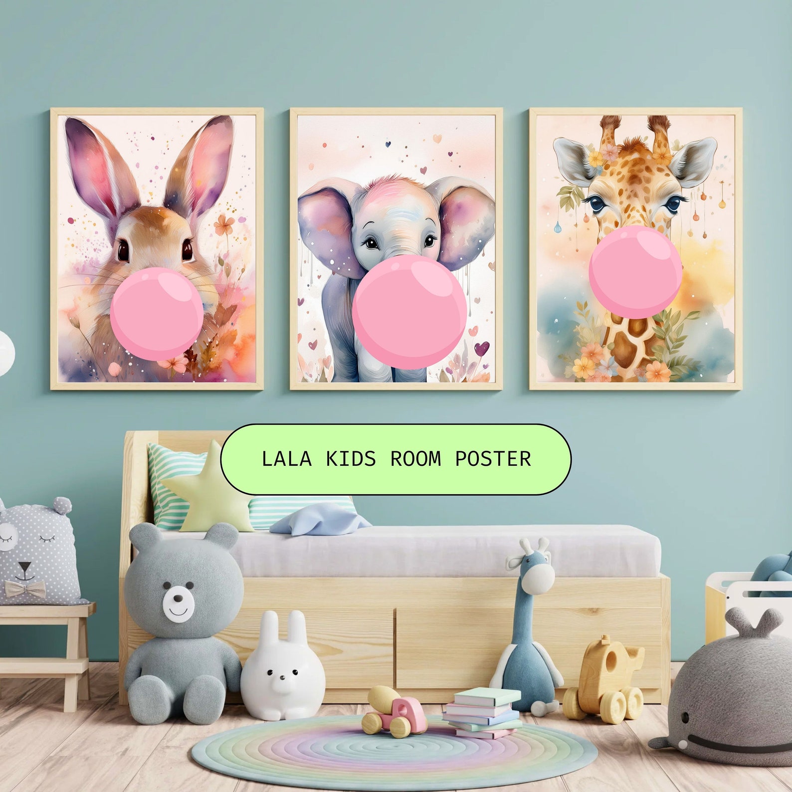 Bubble Gum Puffing Animals Printable Wall Art Set of 3 Nursery and Kids ...