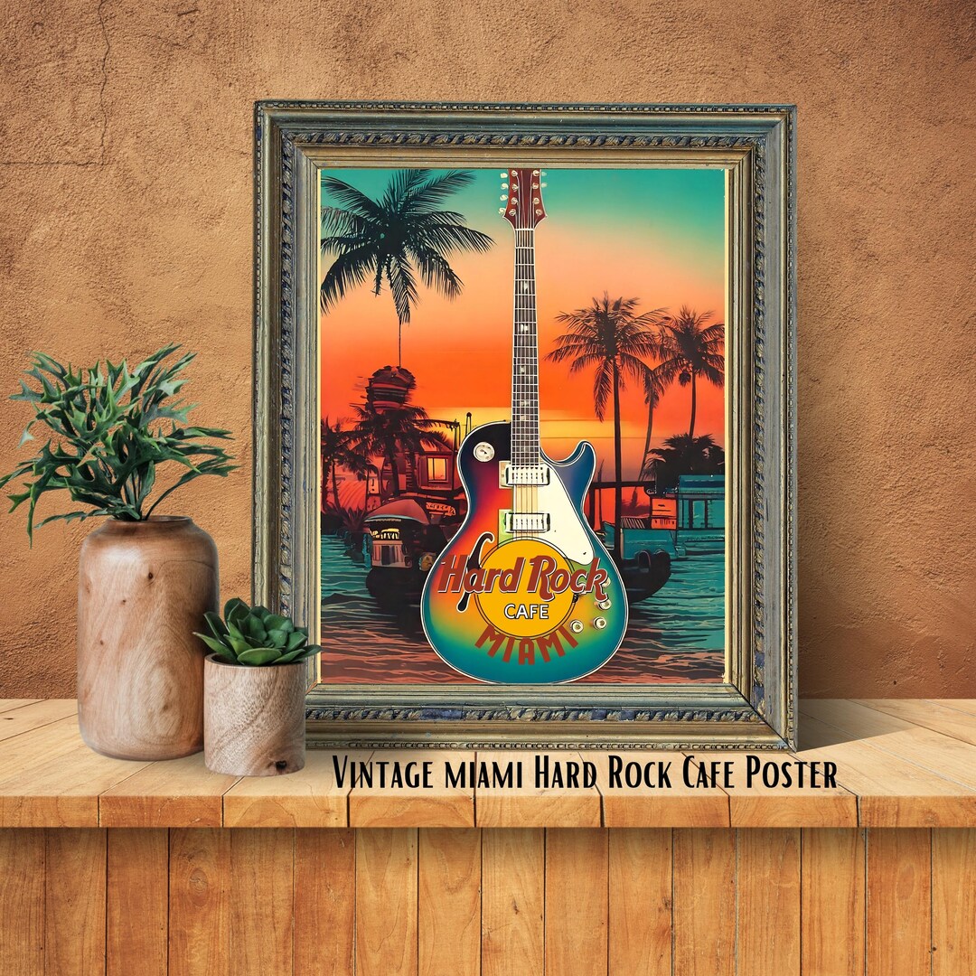 Vintage Miami Hard Rock Cafe Poster, Retro Guitar Wall Art, Miami City ...
