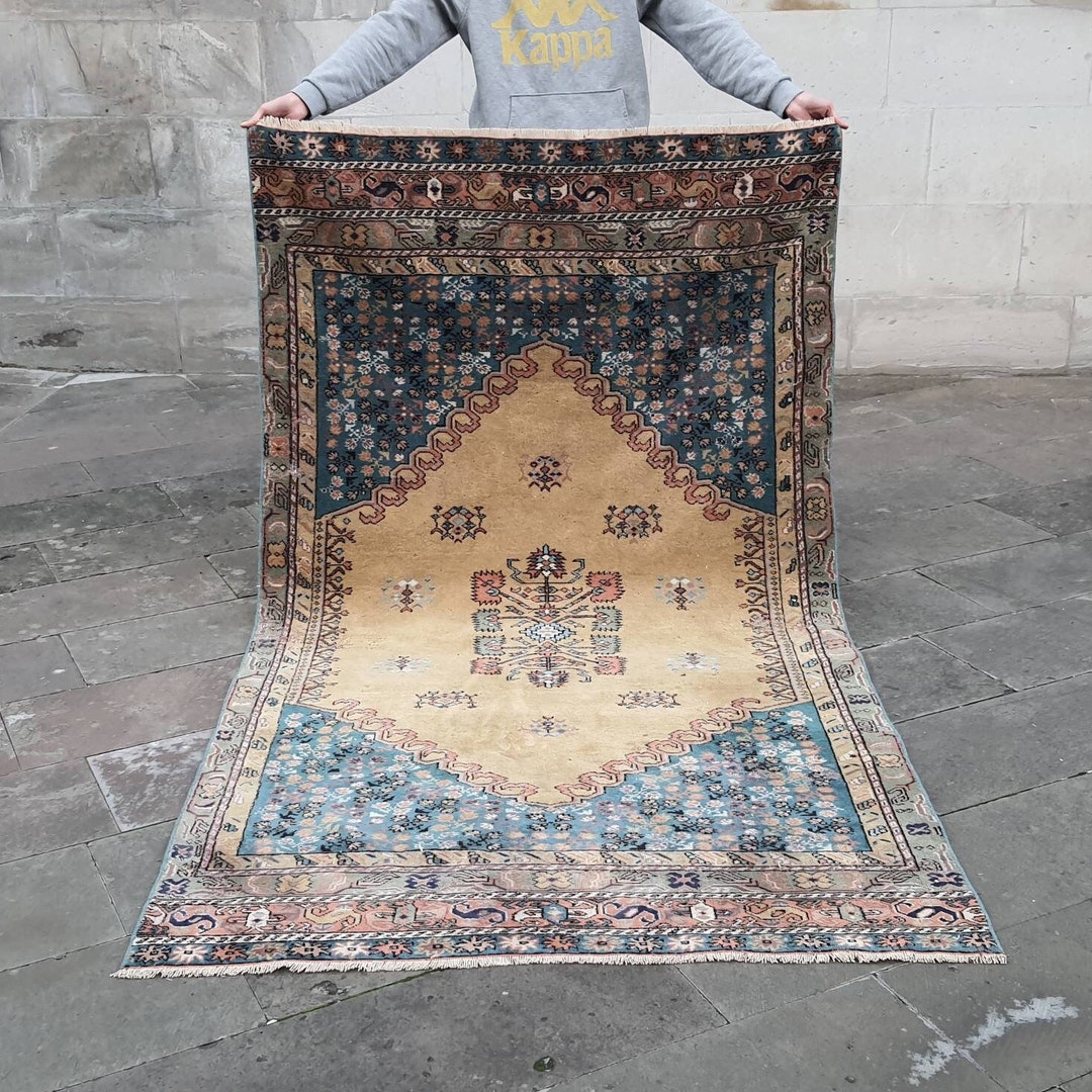 Traditional Design Wool Turkish Rug , Mustard Yellow and Green Color ...