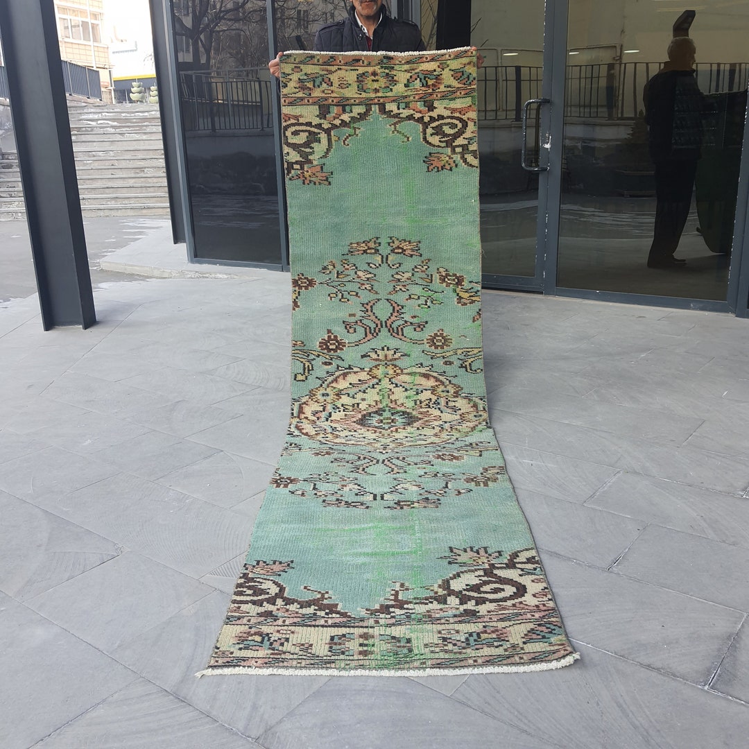 Green Turkish Runner Rug , 2.4x9.5 Feet Turkish Runner Rug , Vintage ...