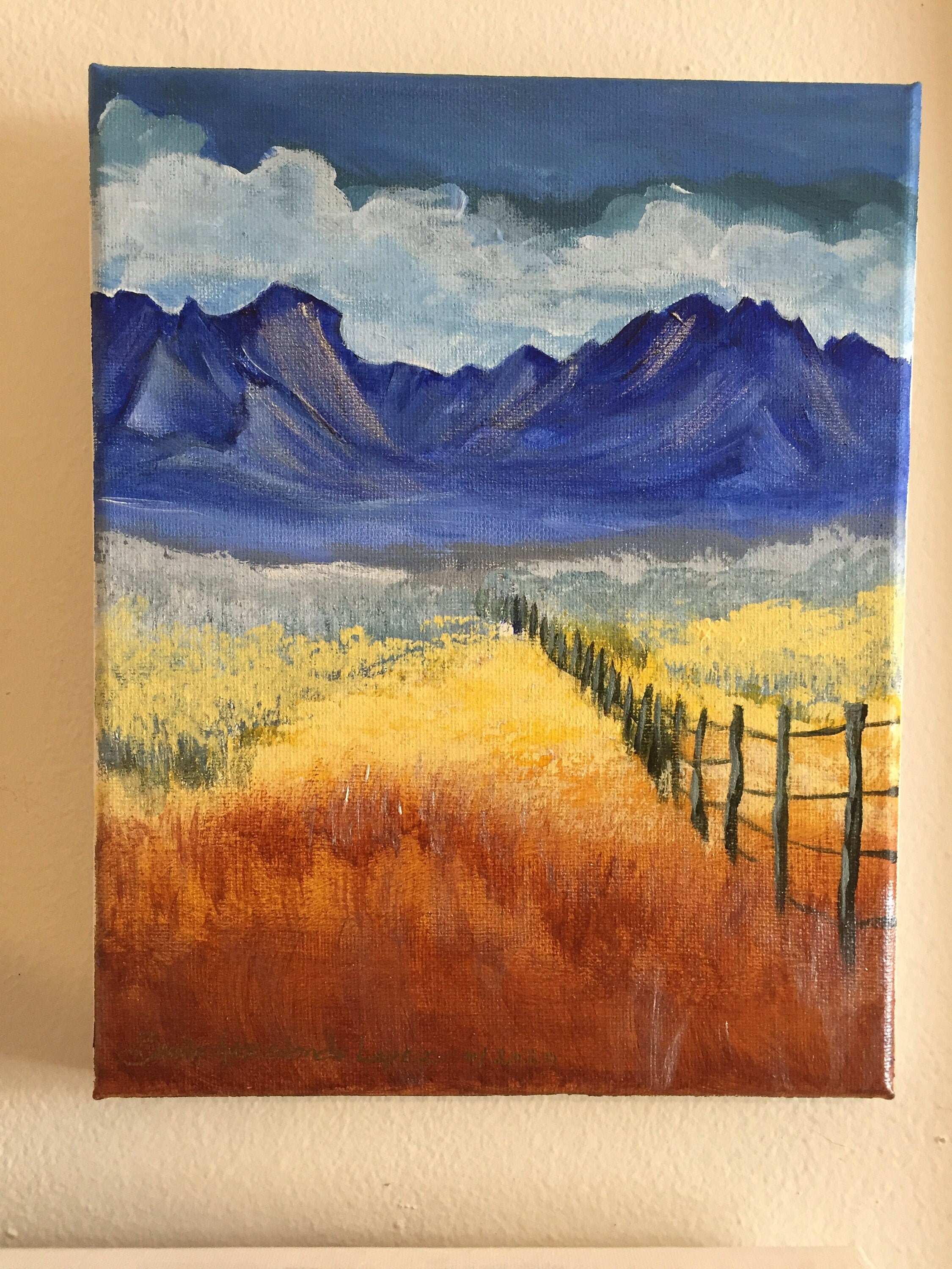 8"x10" Organ Mountain Landscape in Blues and Yellows, Acrylic on ...