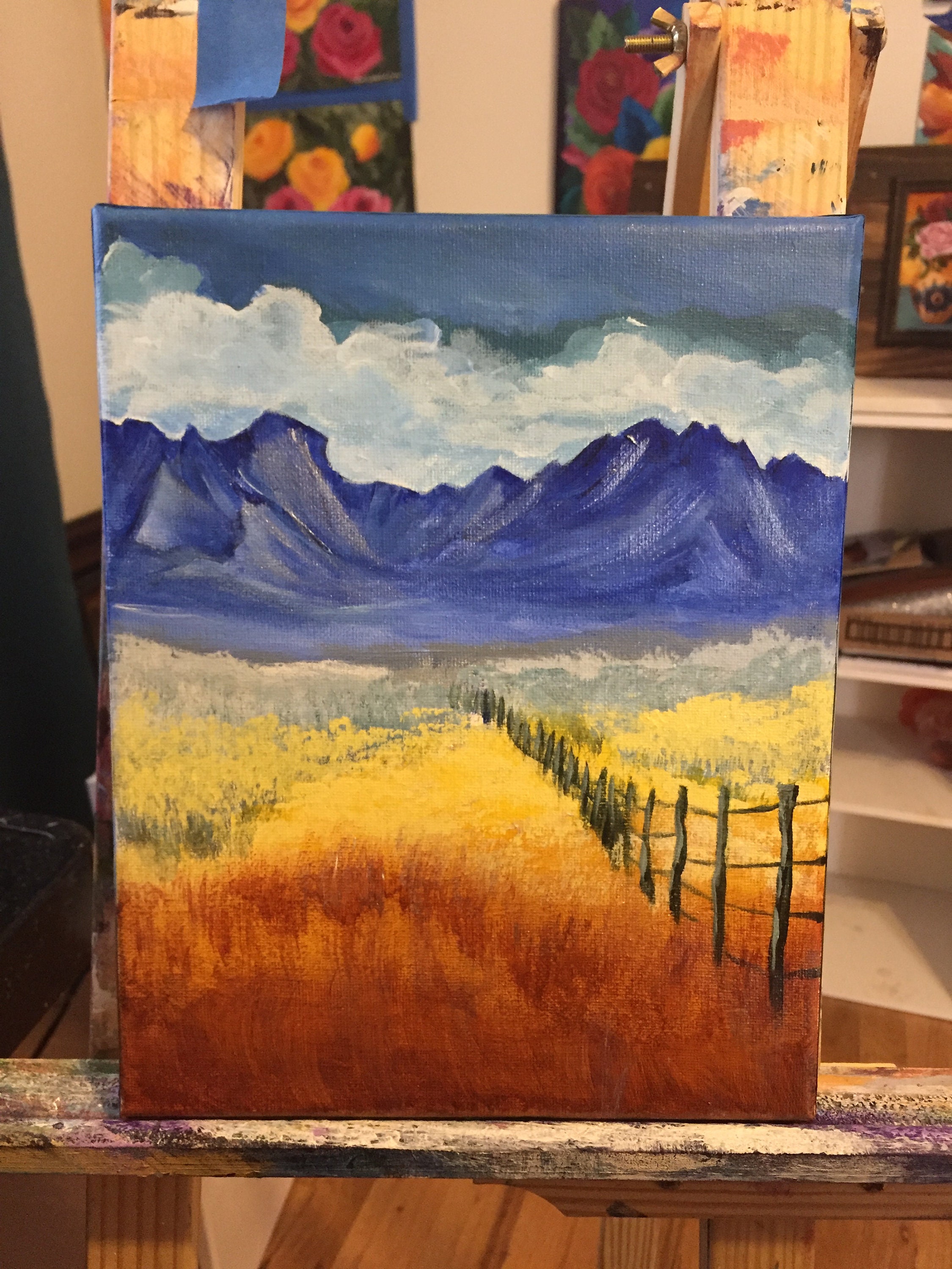8"x10" Organ Mountain Landscape in Blues and Yellows, Acrylic on ...