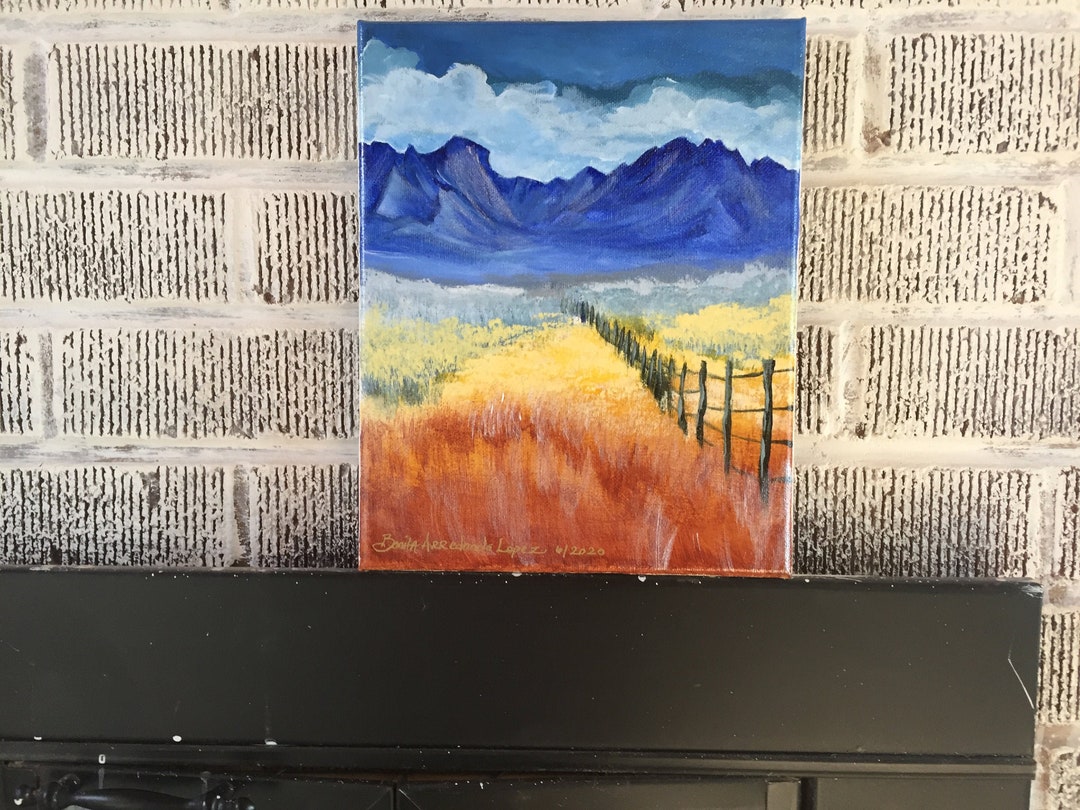 8"x10" Organ Mountain Landscape in Blues and Yellows, Acrylic on ...