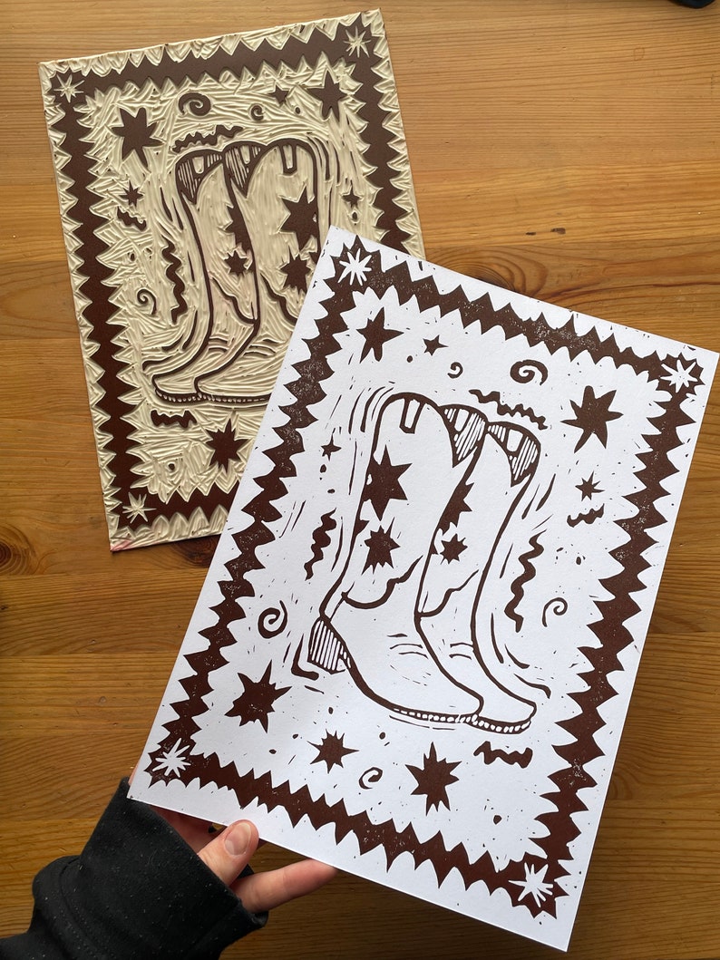 Funky Boots - Lino Print | A4 | Cowboy Boots | Cowgirl Boots | Handmade ...