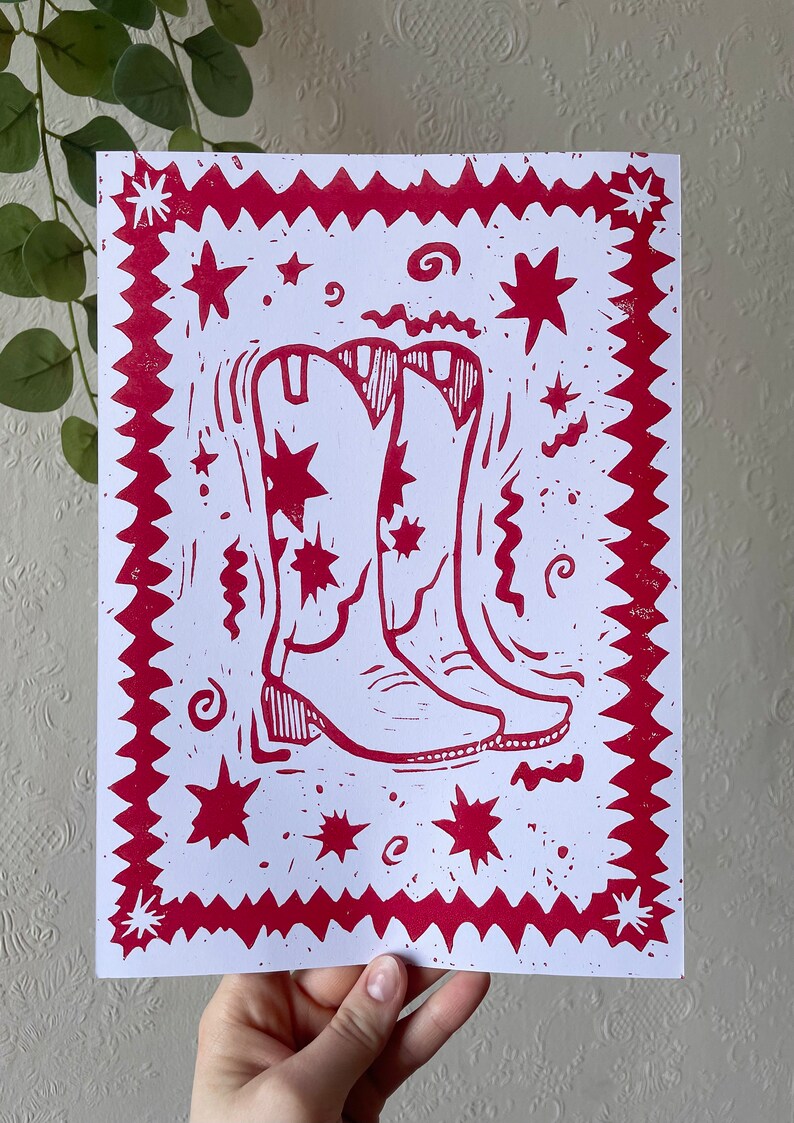 Funky Boots - Lino Print | A4 | Cowboy Boots | Cowgirl Boots | Handmade ...