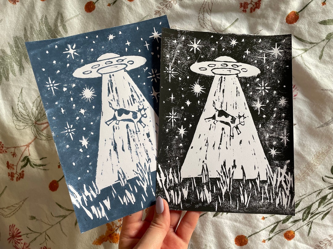 UFO Cow Print - A5 - Black/navy Blue | Lino Print | Lino Printing ...