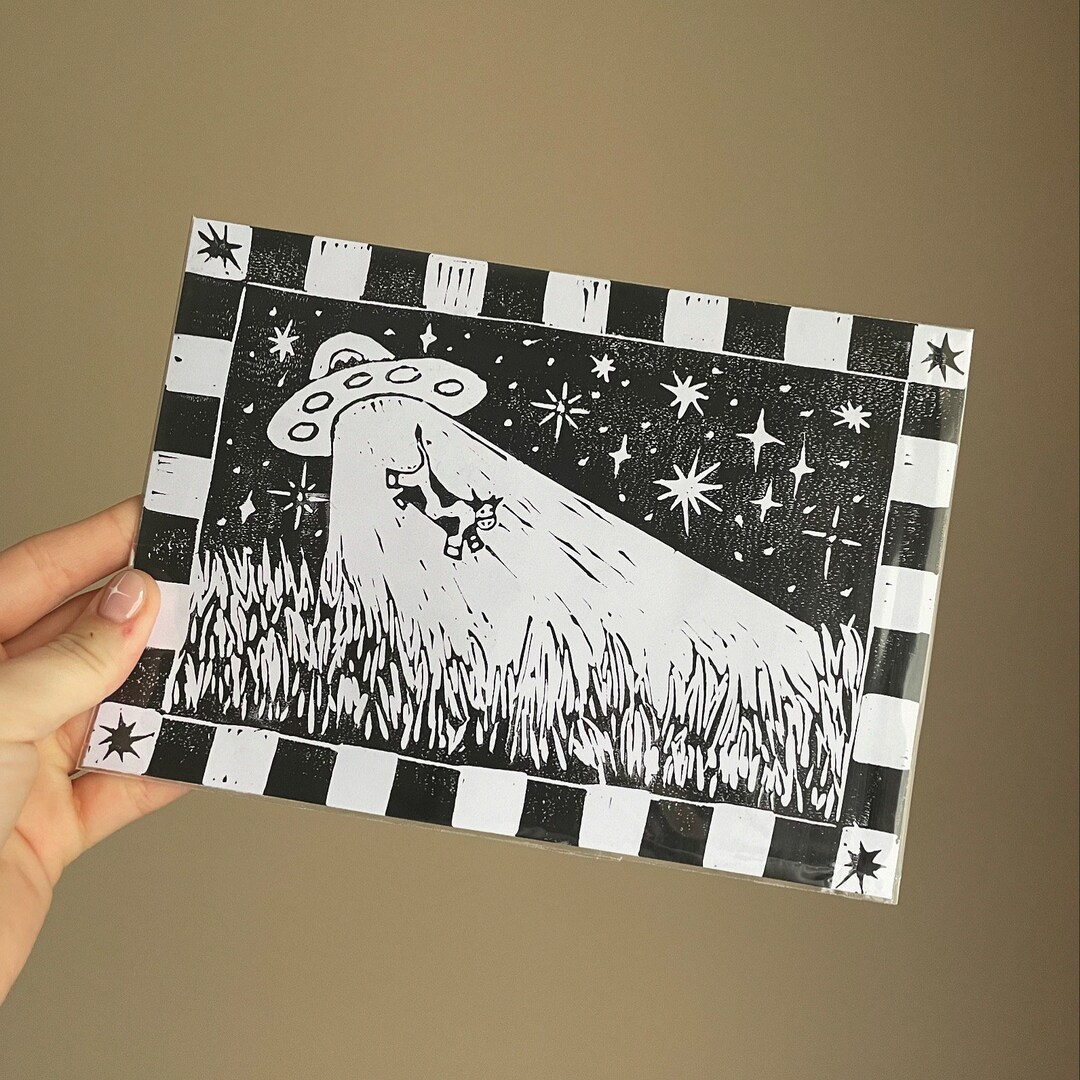 UFO Cow Print 2.0 - A5 - Black Ink | Lino Print | Lino Printing ...