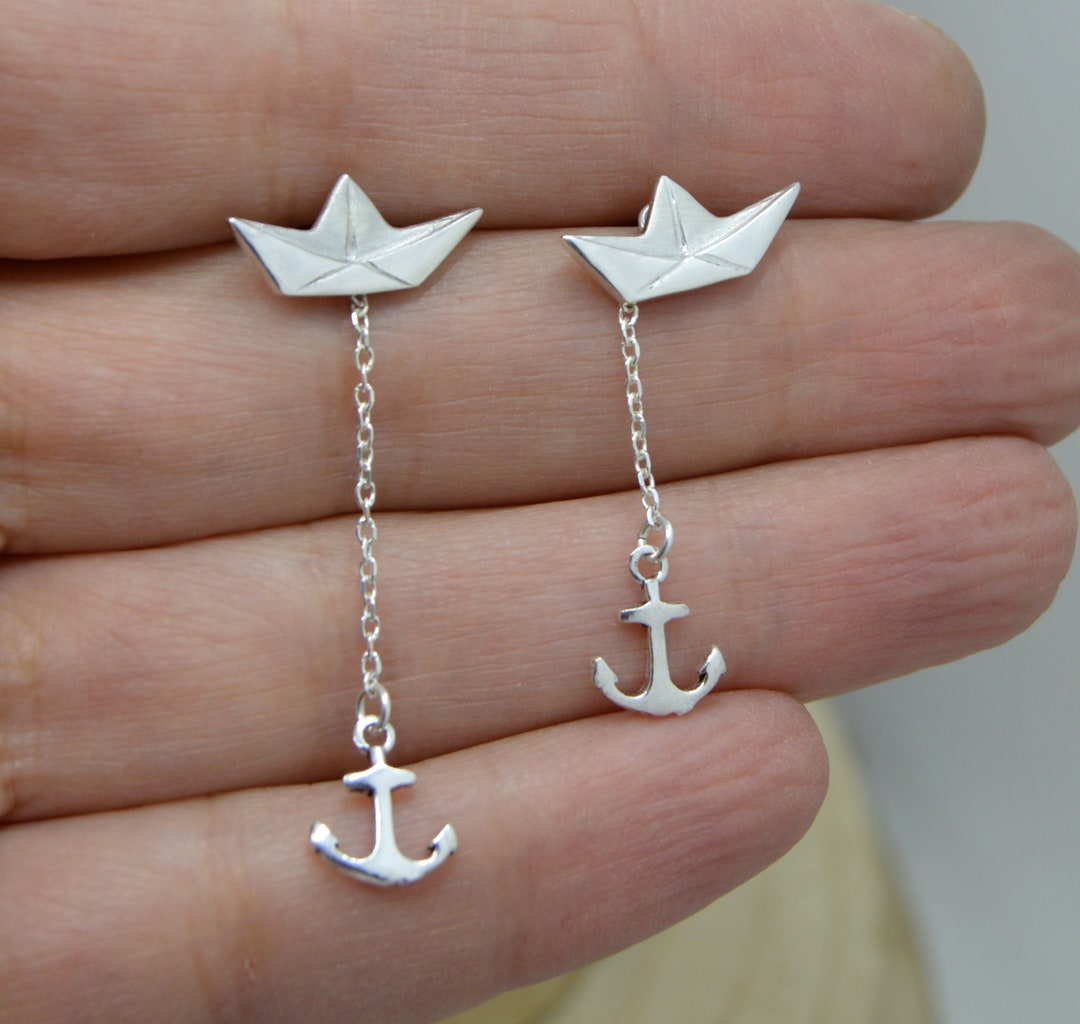 Origami Paper Boat Stud Earrings With Dangle Unchor. Maritame Earrings ...