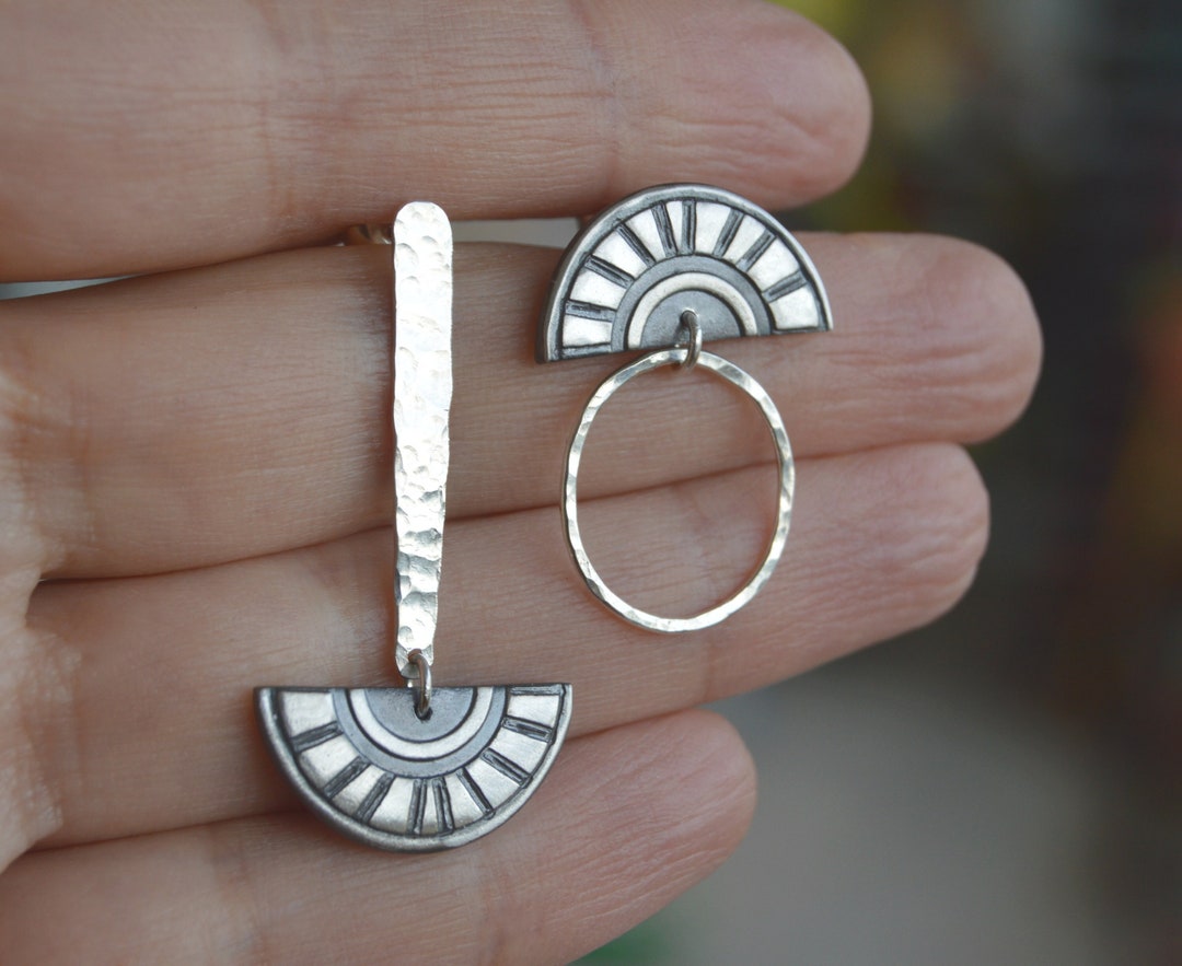Mismatched Dangle Earrings, Asymmetrical Statement Silver Earrings, Egypt Earrings of Oxidized ...