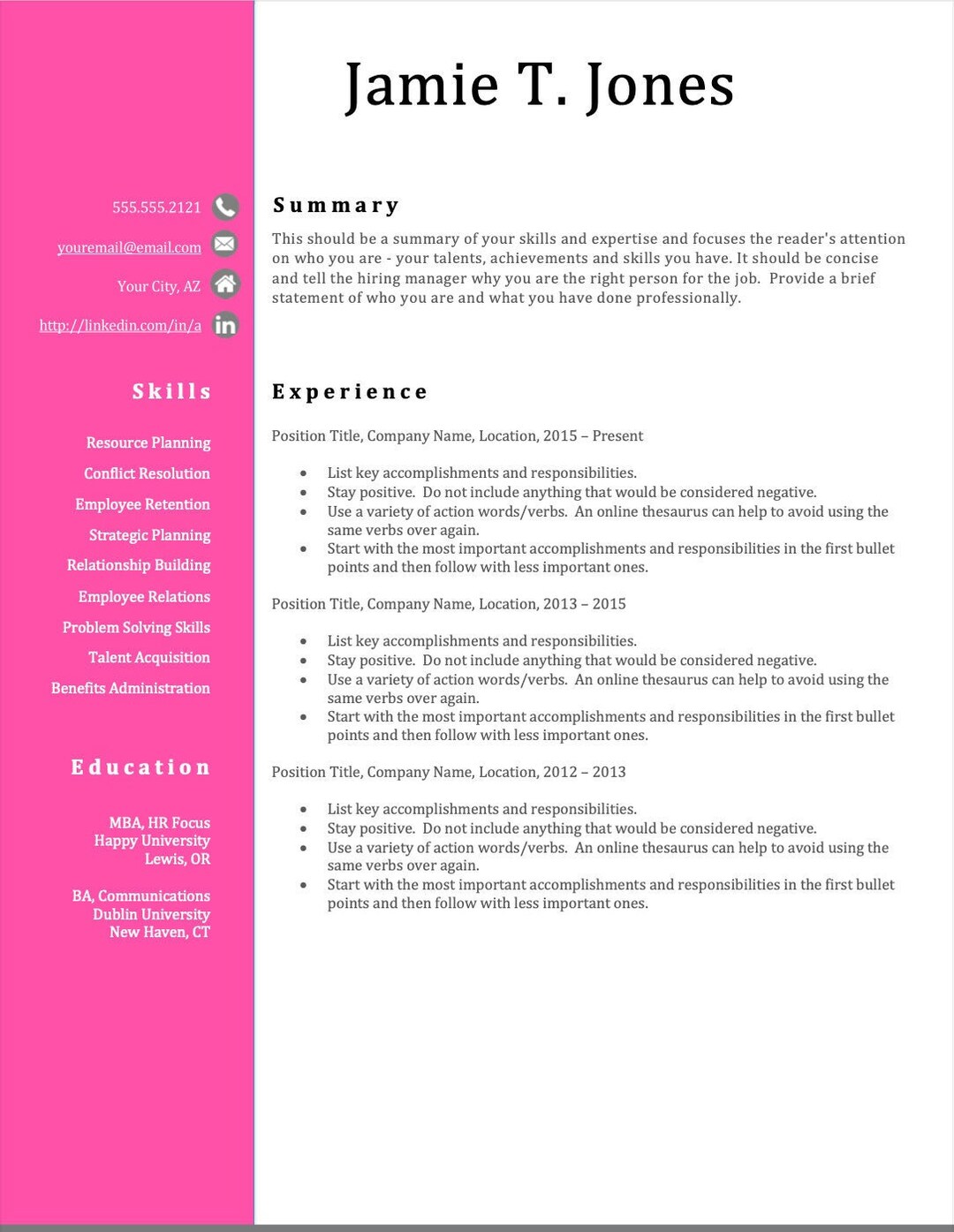 Modern Hot Pink Resume Template + Free Cover Letter + Free References ...