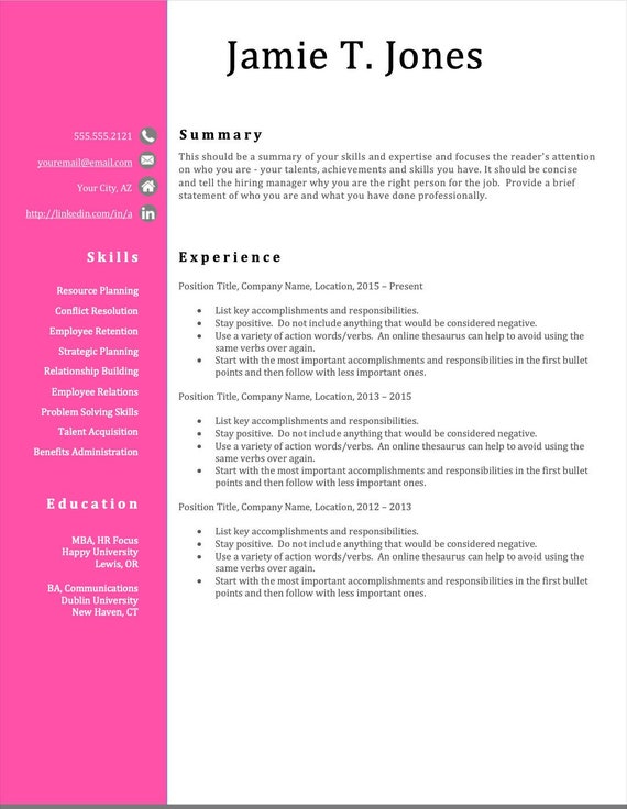 Modern Hot Pink Resume Template Free Cover Letter Free | Etsy