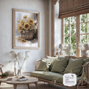 Sunflowers in a Rustic Basket Watercolor Wall Art Still Life Vintage ...