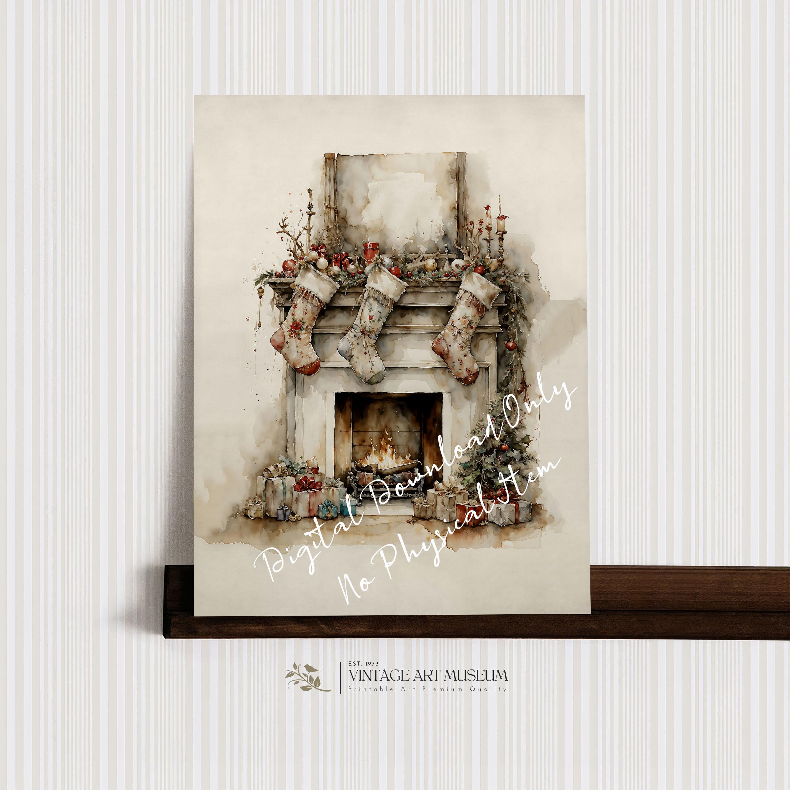 Christmas Fireplace Vintage Wall Art: Digital Print Farmhouse Decor ...
